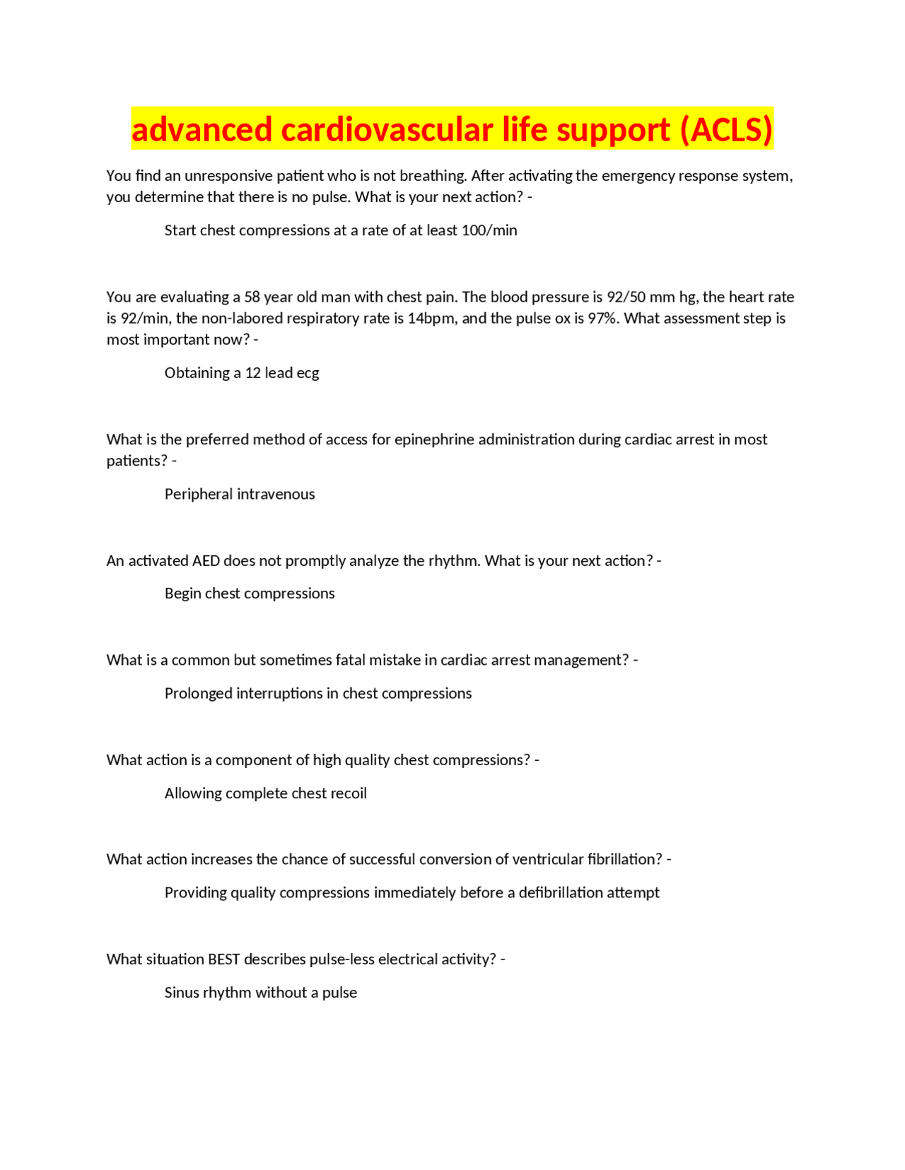advanced cardiovascular life support (ACLS) | Exams Nursing | Docsity