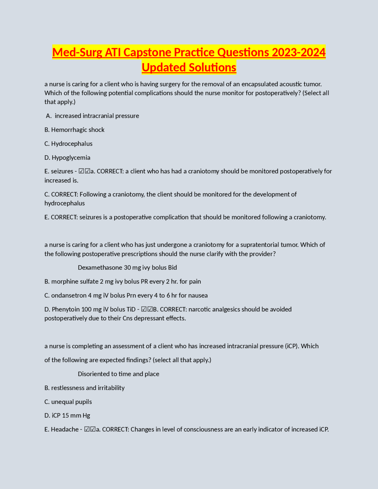 Med-Surg ATI Capstone Practice Questions 2023-2024 Updated Solutions ...