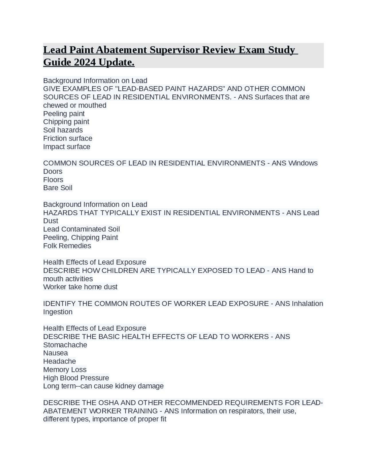 Lead Paint Abatement Supervisor Review Exam Study Guide 2024 Update ...