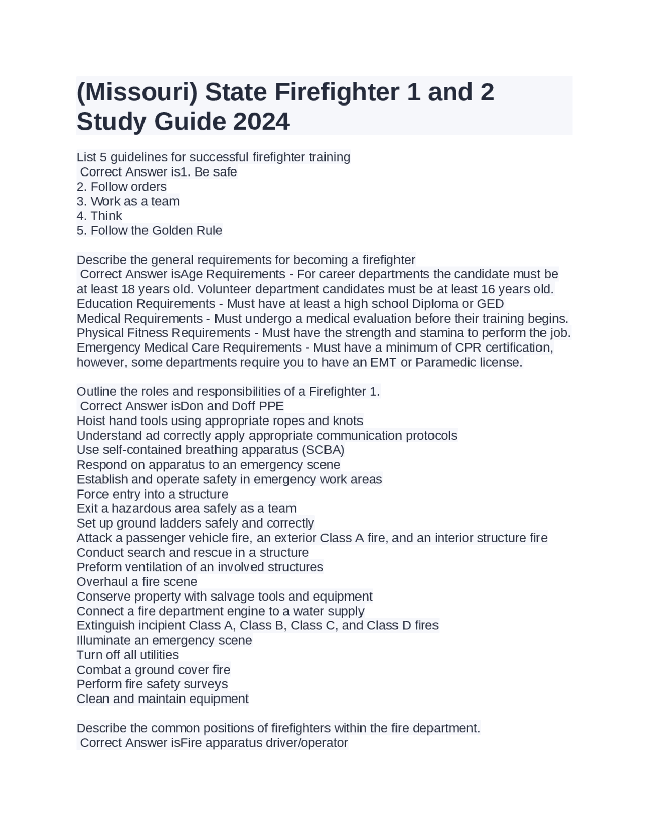 (Missouri) State Firefighter 1 and 2 Study Guide 2024 | Exams Nursing ...