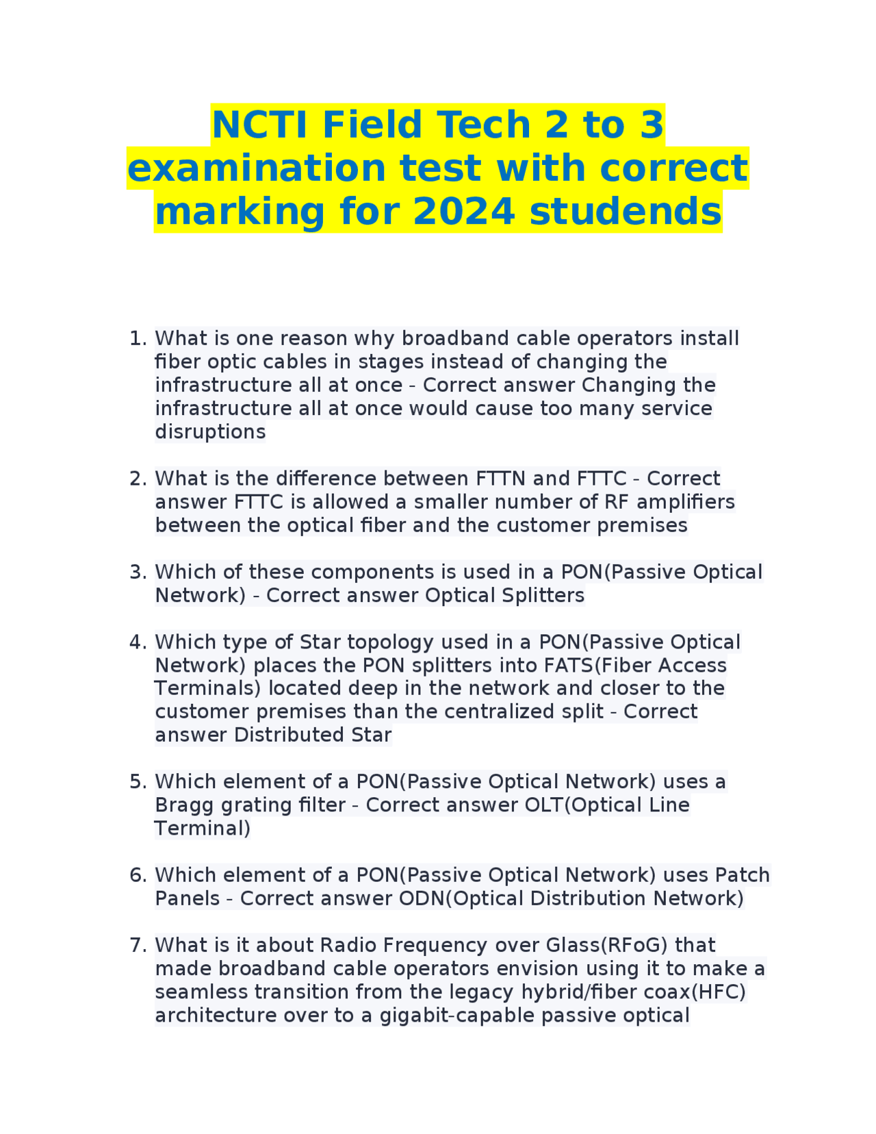 NCTI Field Tech 2 to 3 examination test with correct marking for 2024 ...