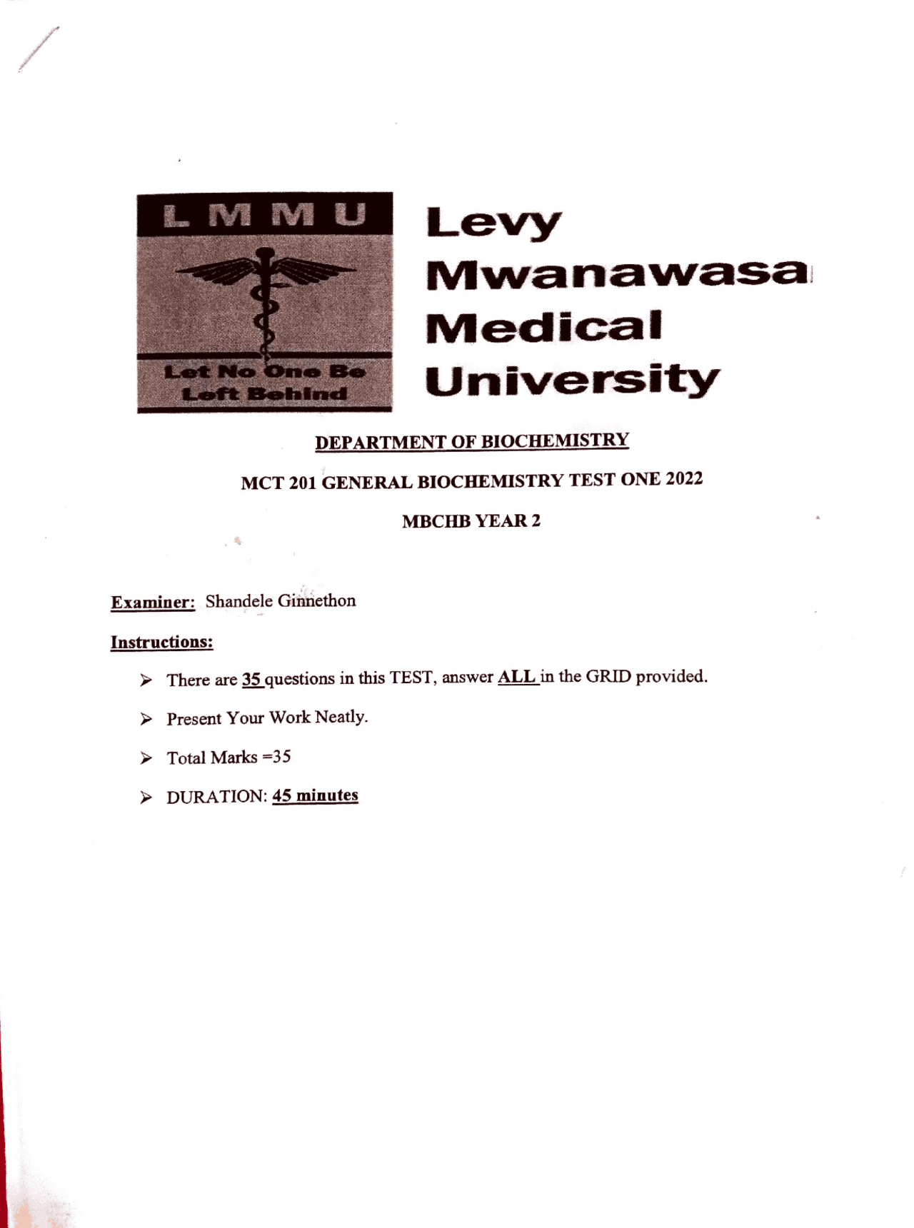 General Biochemistry Test One: MCT 201 - 2022 | Quizzes Medical ...