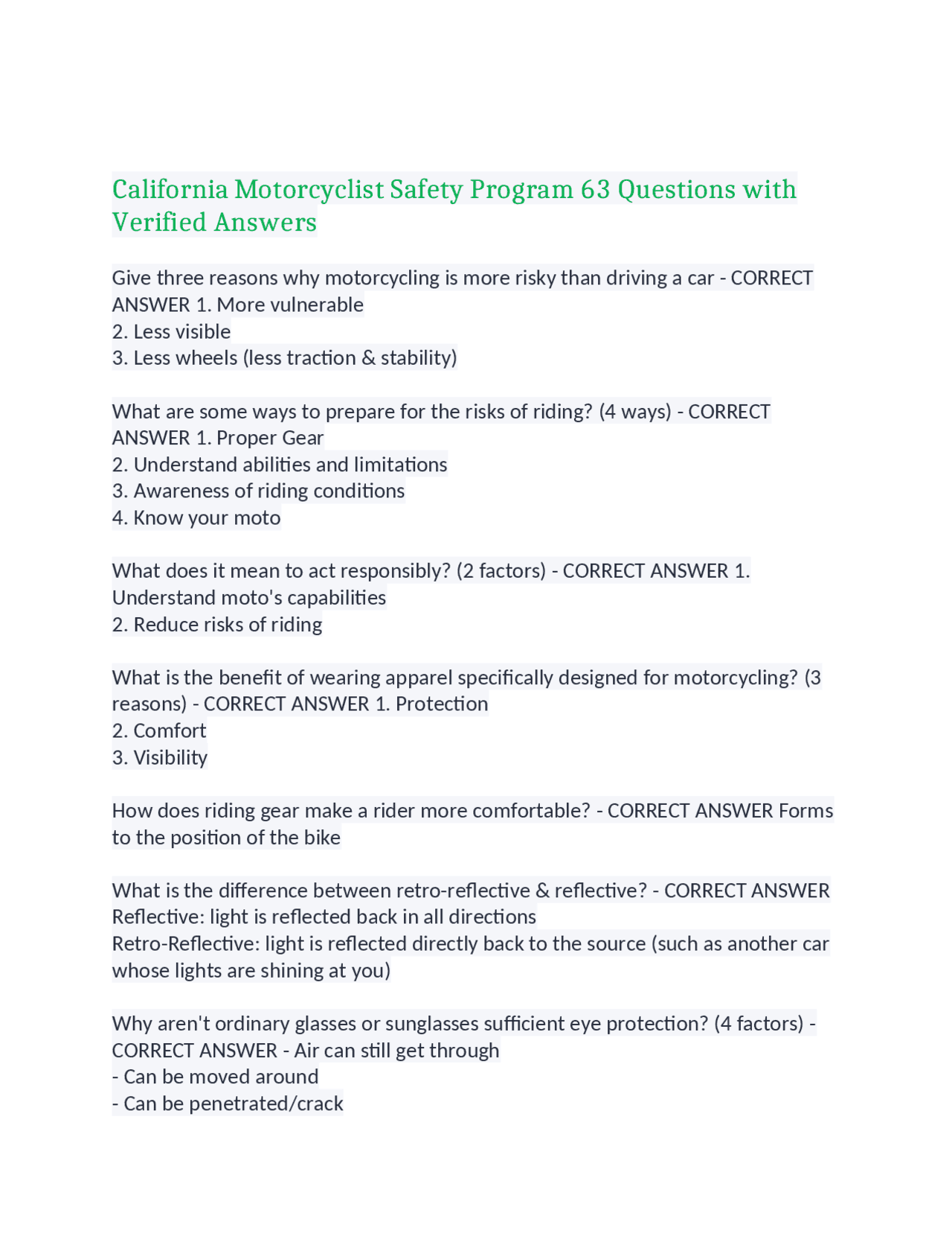 California Motorcyclist Safety Program 63 Questions with Verified ...