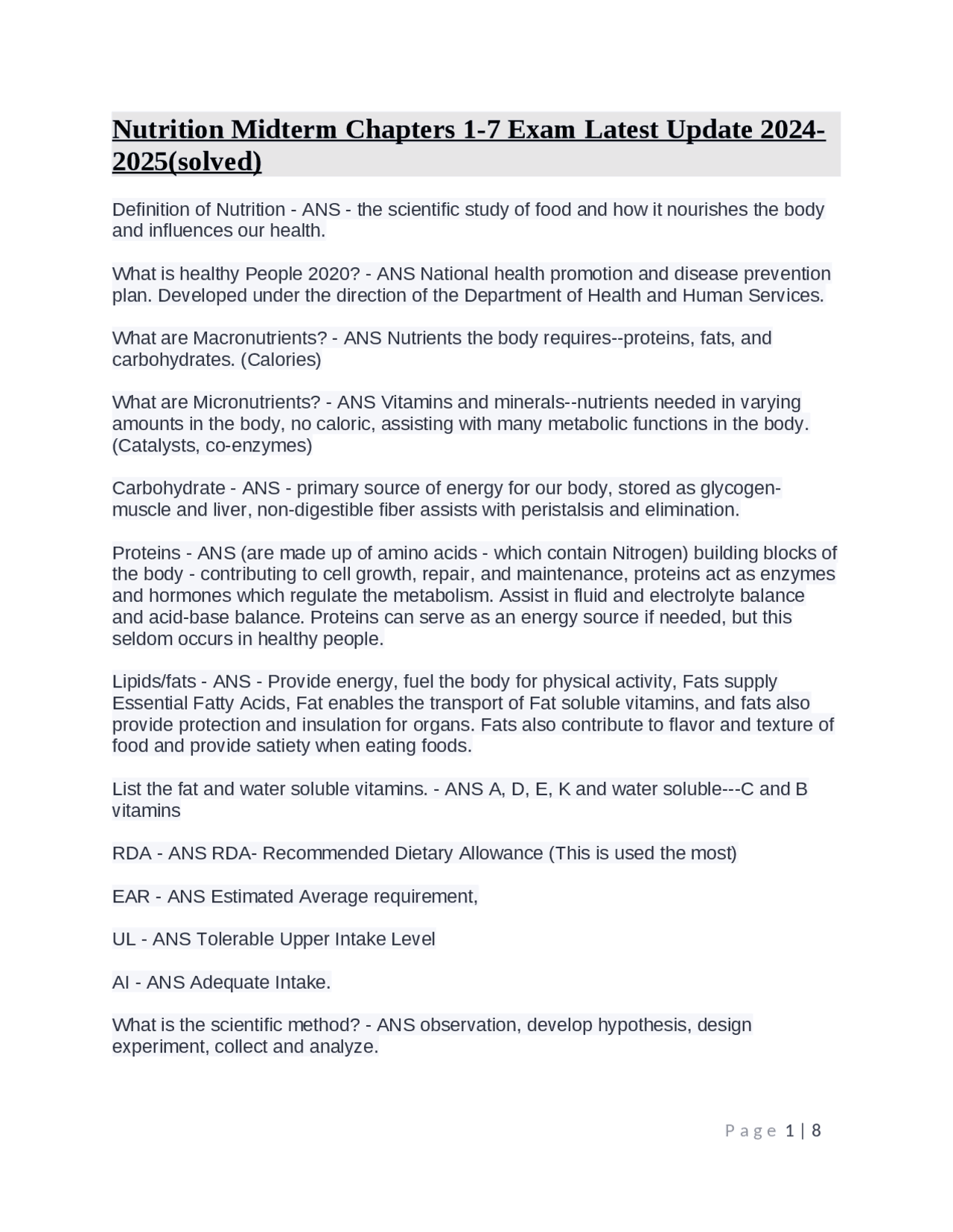 Nutrition Midterm Chapters 1-7 Exam Latest Update 2024-2025(solved ...