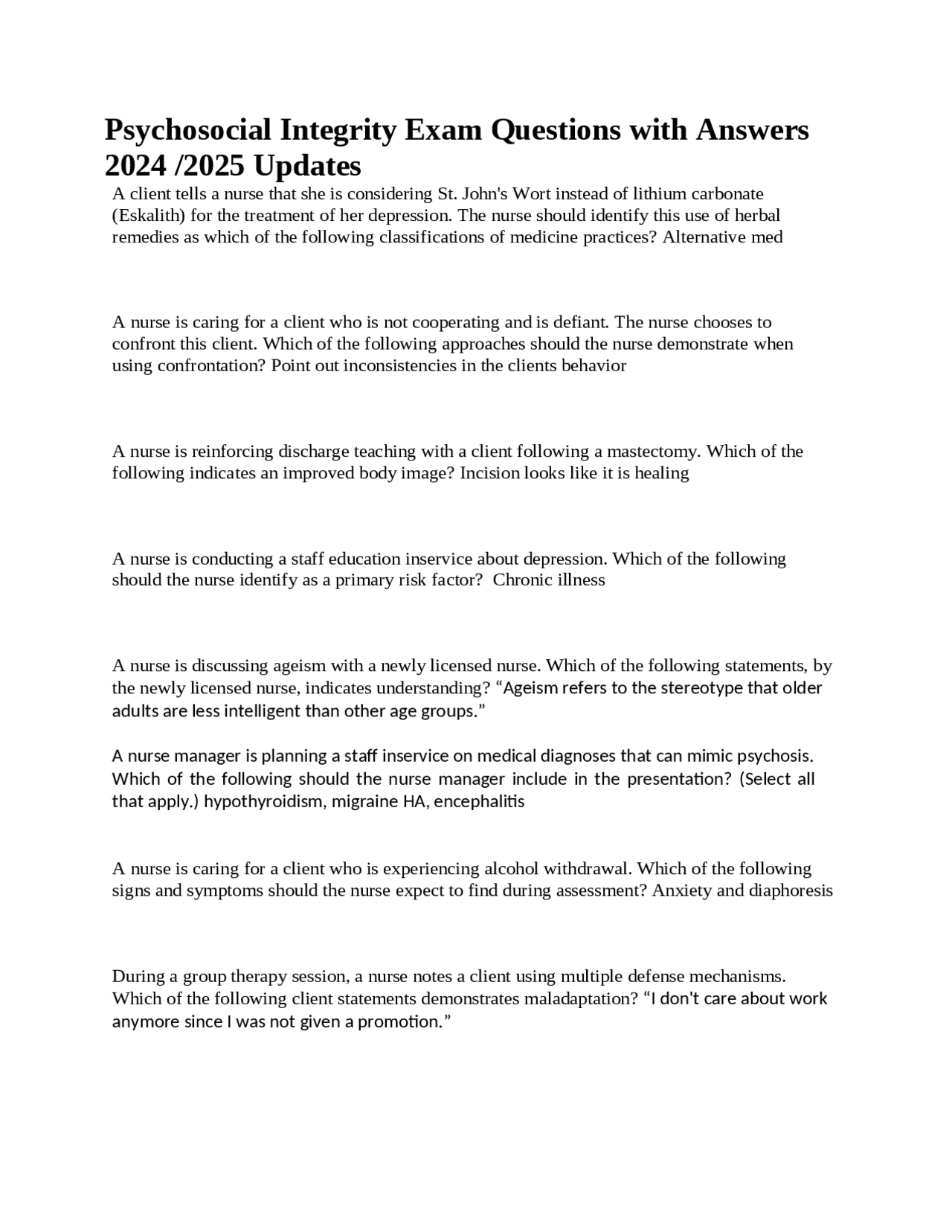 Psychosocial Integrity Exam Questions with Answers 2024 /2025 Updates ...