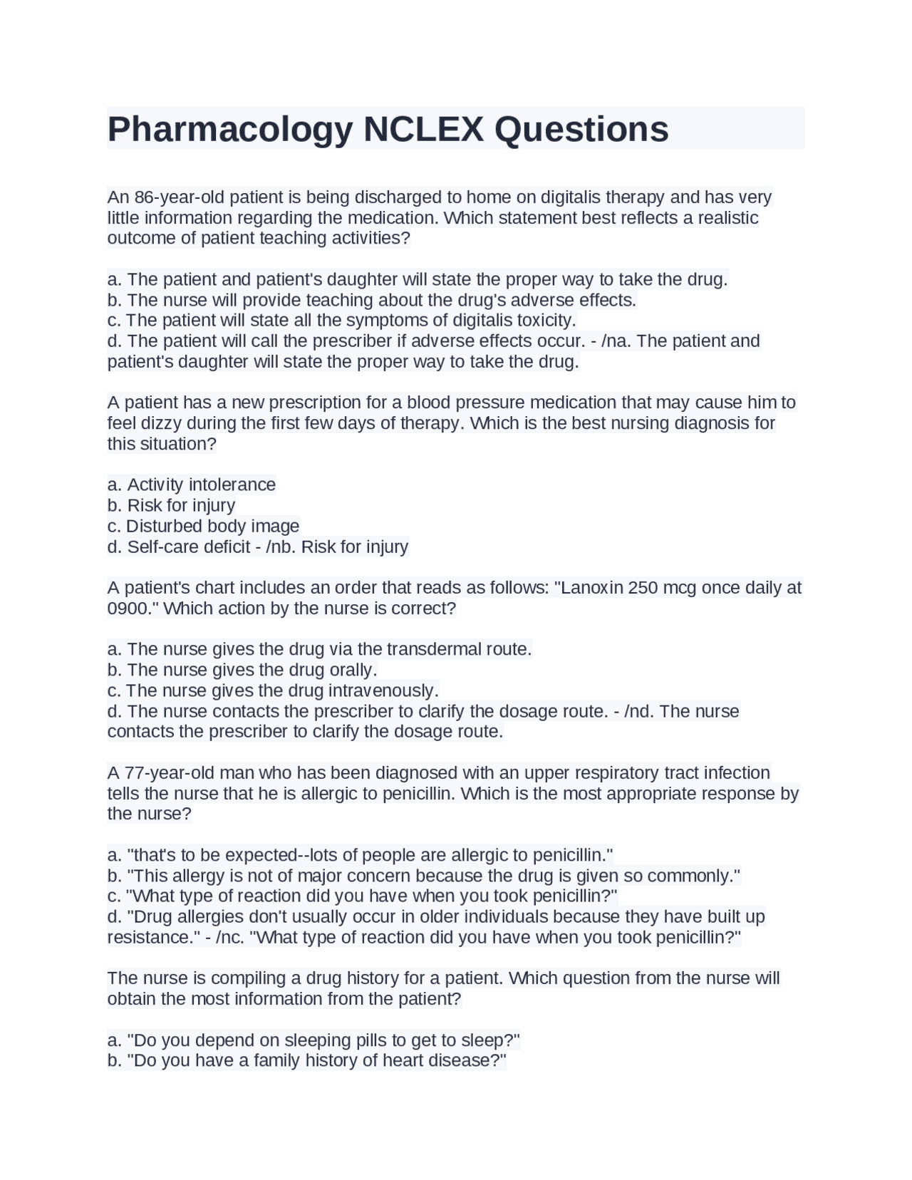 Pharmacology NCLEX Questions and Answers | Exams Nursing | Docsity