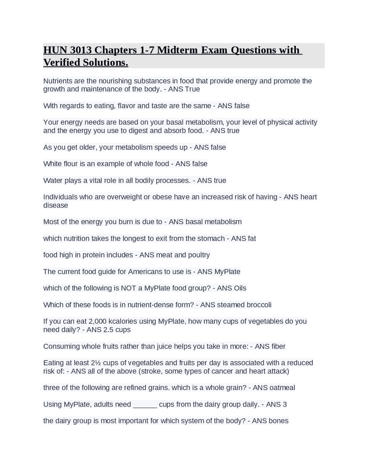 HUN 3013 Chapters 1-7 Midterm Exam Questions with Verified Solutions ...