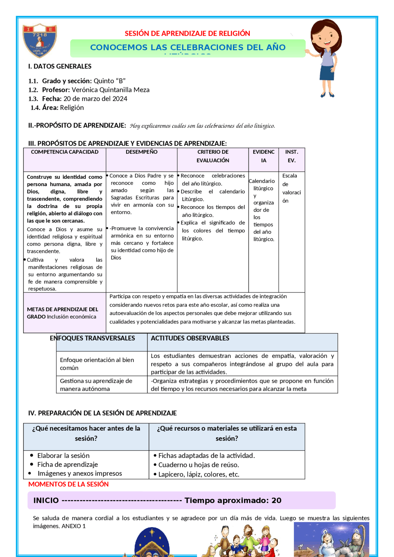 sesion de aprendizaje las fiestas liturgicas | Resúmenes de Ciencias de la Educación | Docsity