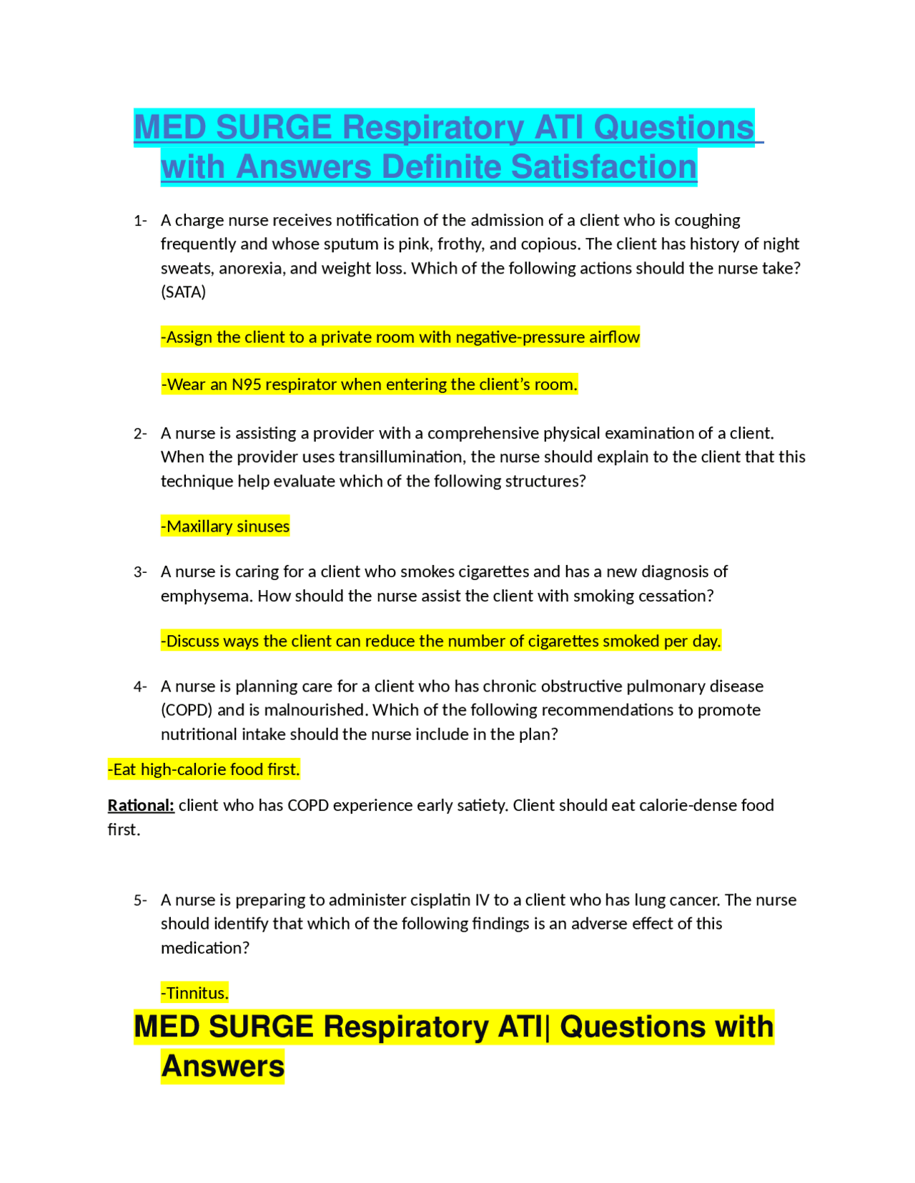 MED SURGE Respiratory ATI Questions and Answers | Exams Medicine | Docsity