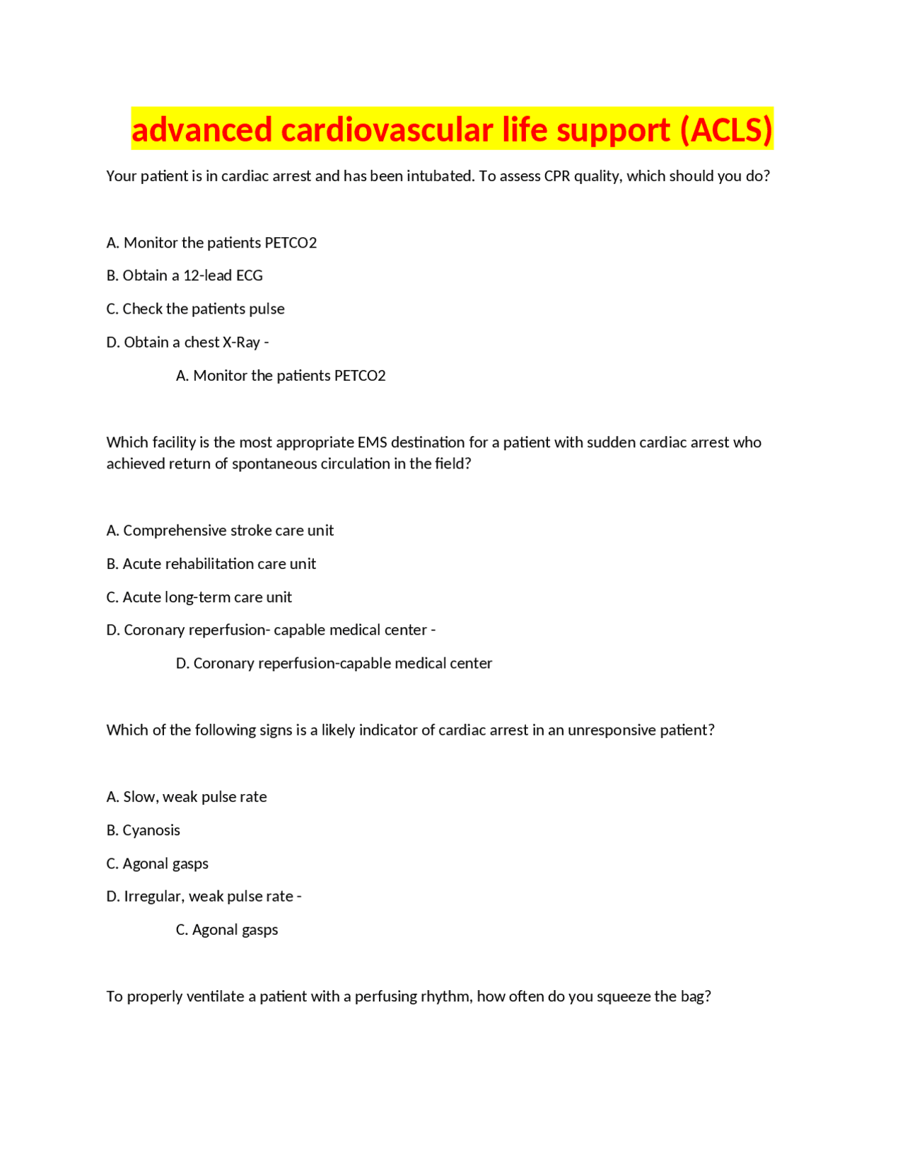 advanced cardiovascular life support (ACLS) | Exams Nursing | Docsity
