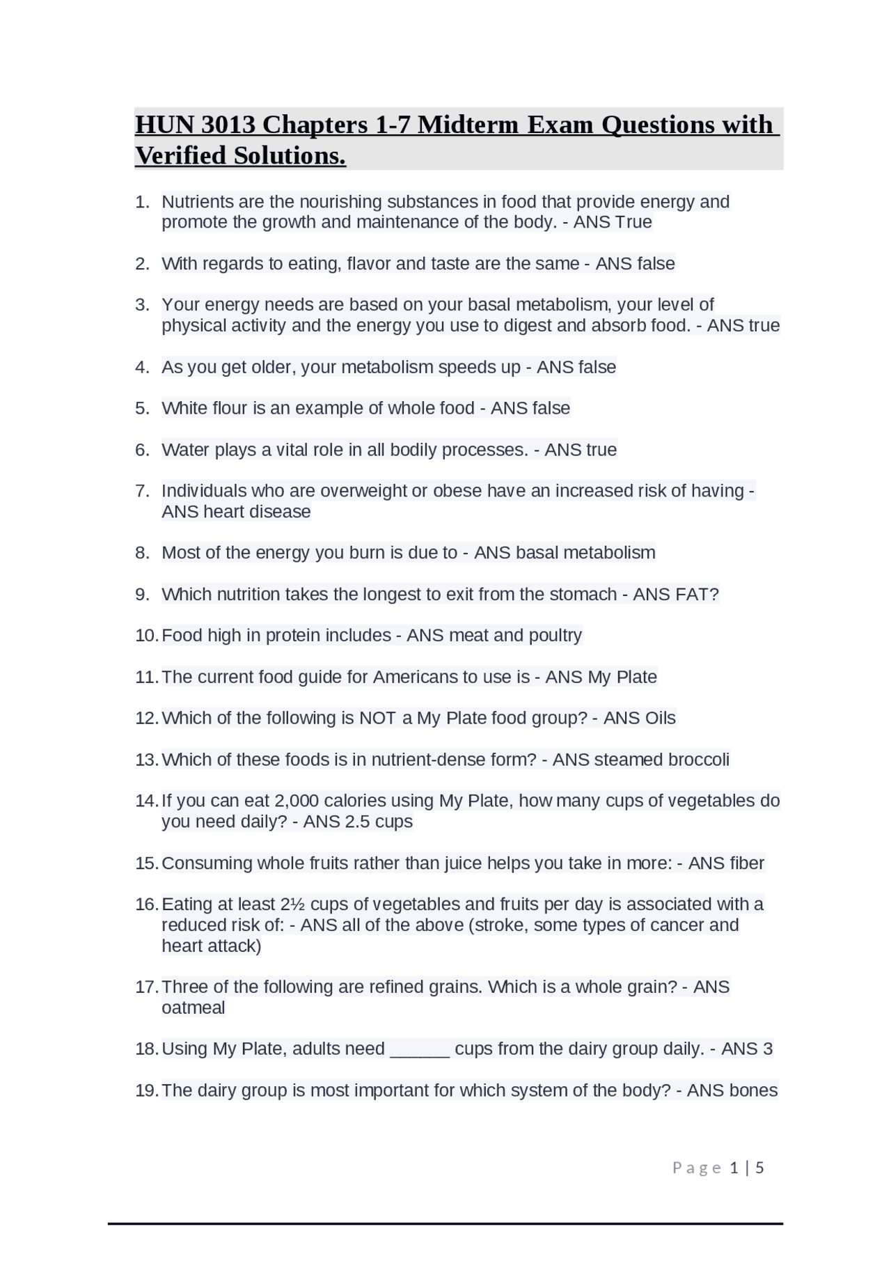HUN 3013 Chapters 1-7 Midterm Exam Questions with Verified Solutions. | Exams Personal Health ...