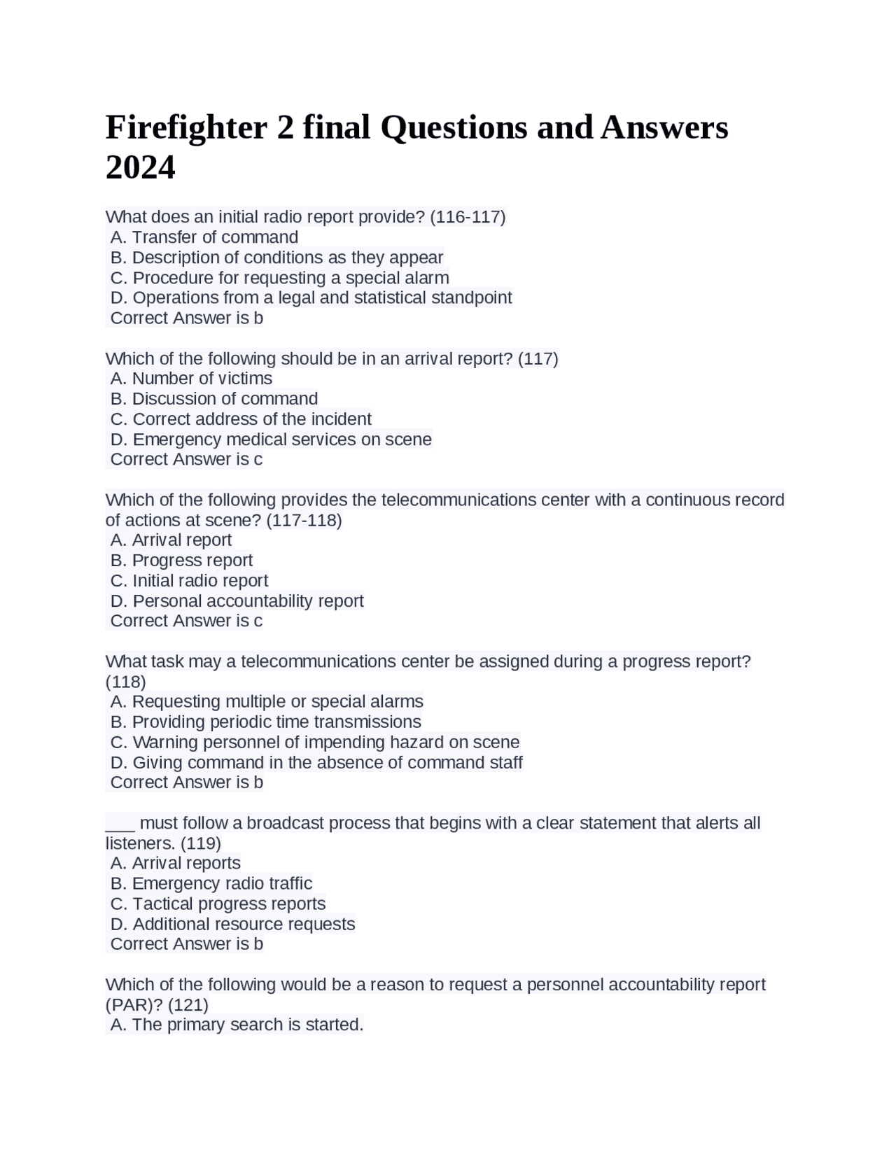 Firefighter 2 final Questions and Answers 2024 | Exams Nursing | Docsity