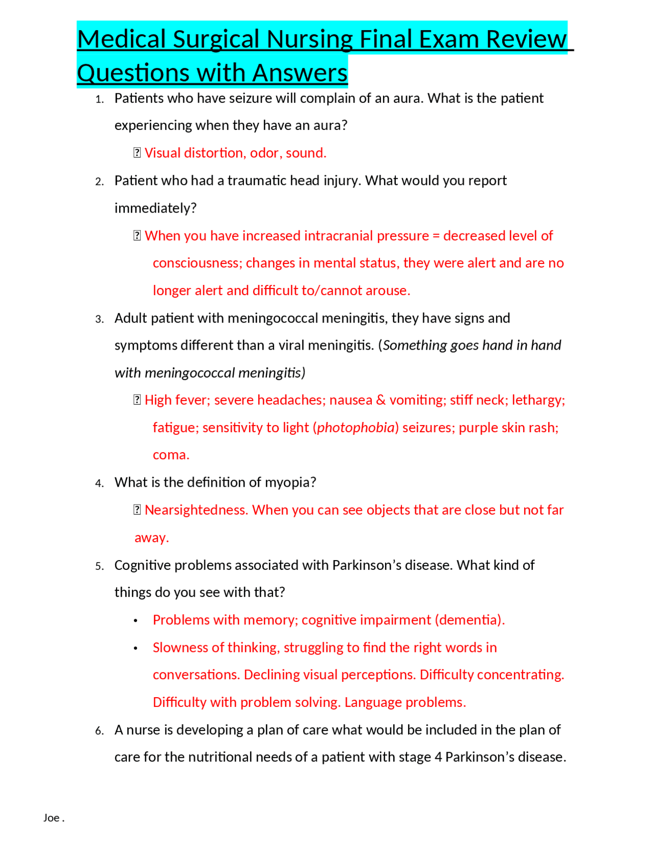 Medical Surgical Nursing Final Exam Review Questions with Answers ...