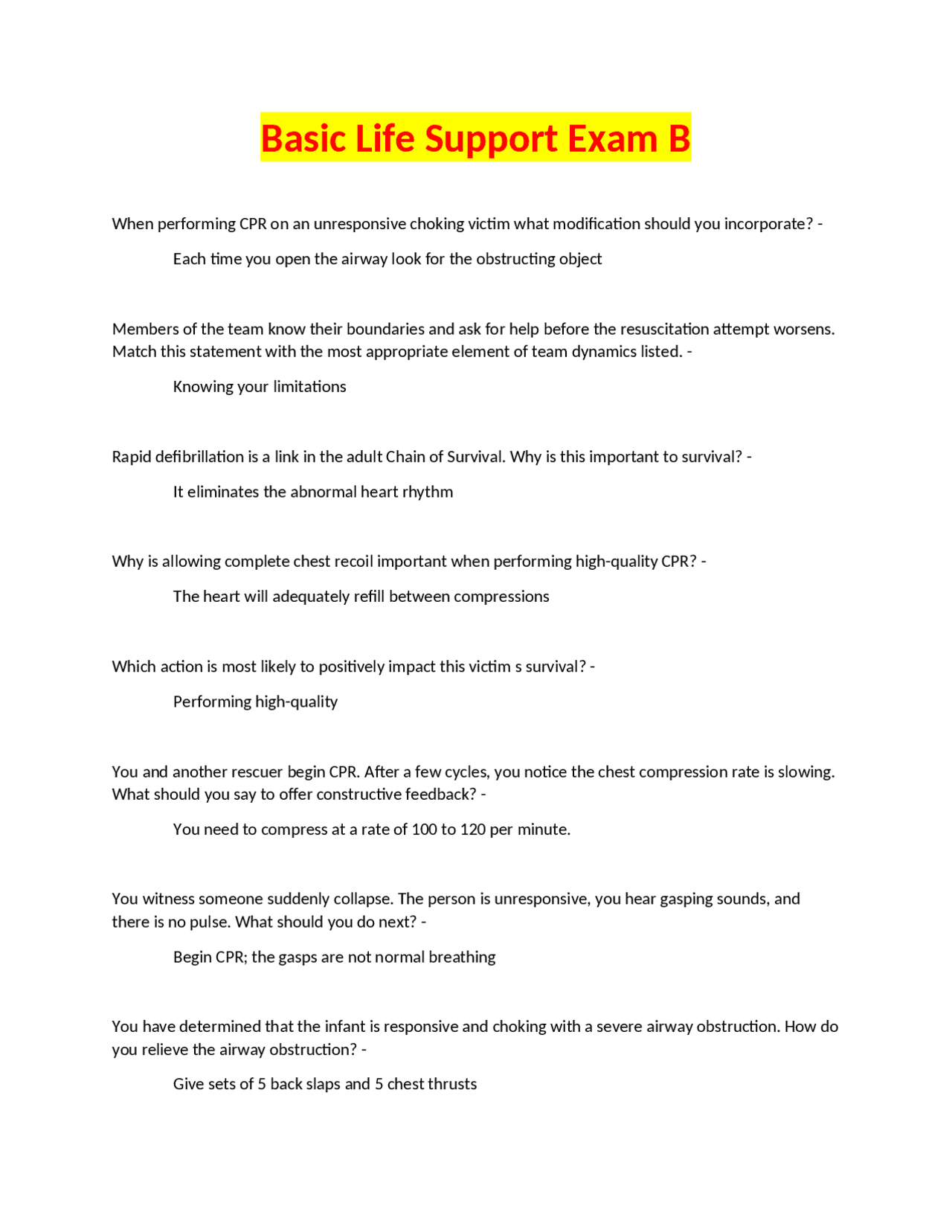 Basic Life Support Exam: CPR and Team Dynamics | Exams Nursing | Docsity