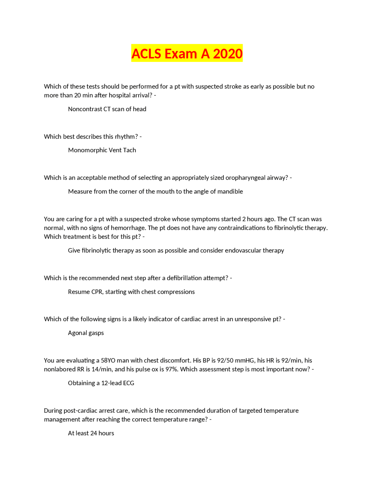 ACLS Exam A 2020 ACLS Exam A 2020 | Exams Nursing | Docsity