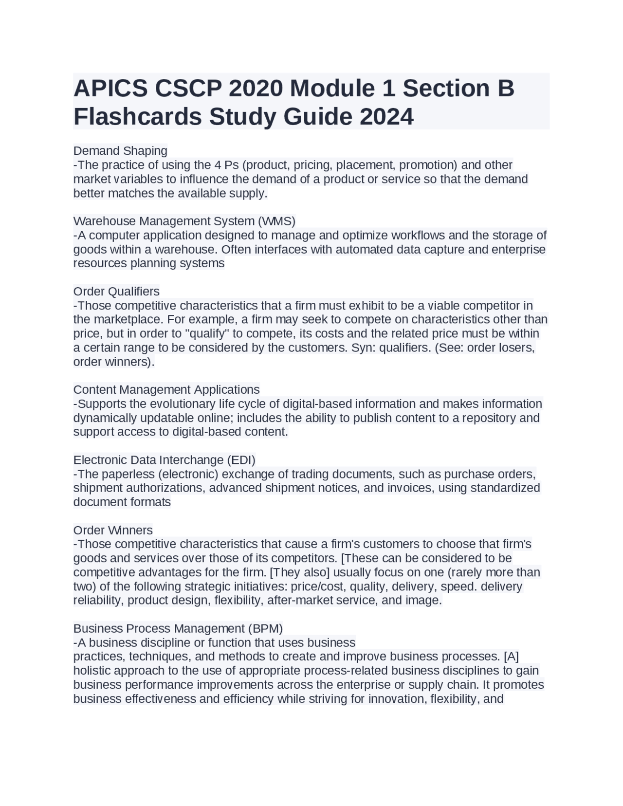 Apics Cscp Module 1 Section B Flashcards Supply Chain Management Concepts Exams Nursing Docsity
