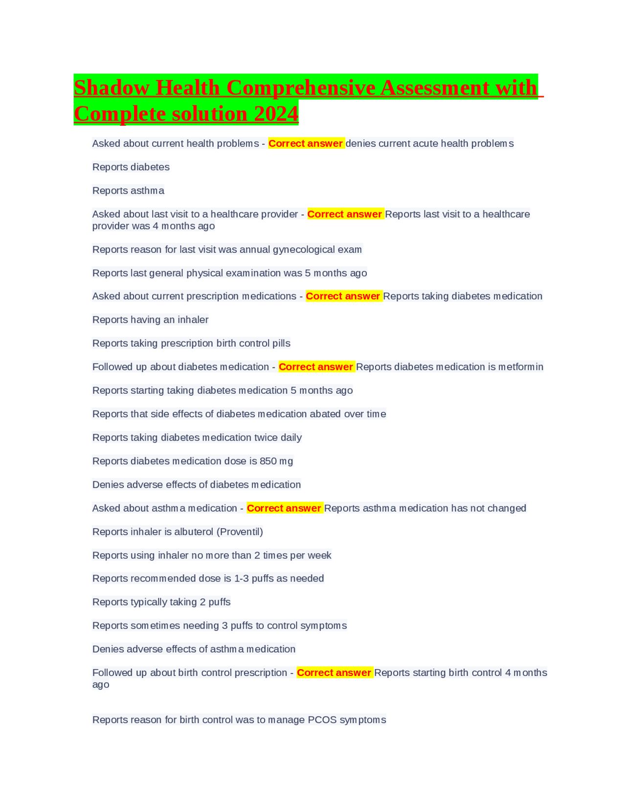 Shadow Health Comprehensive Assessment with Complete solution 2024 ...