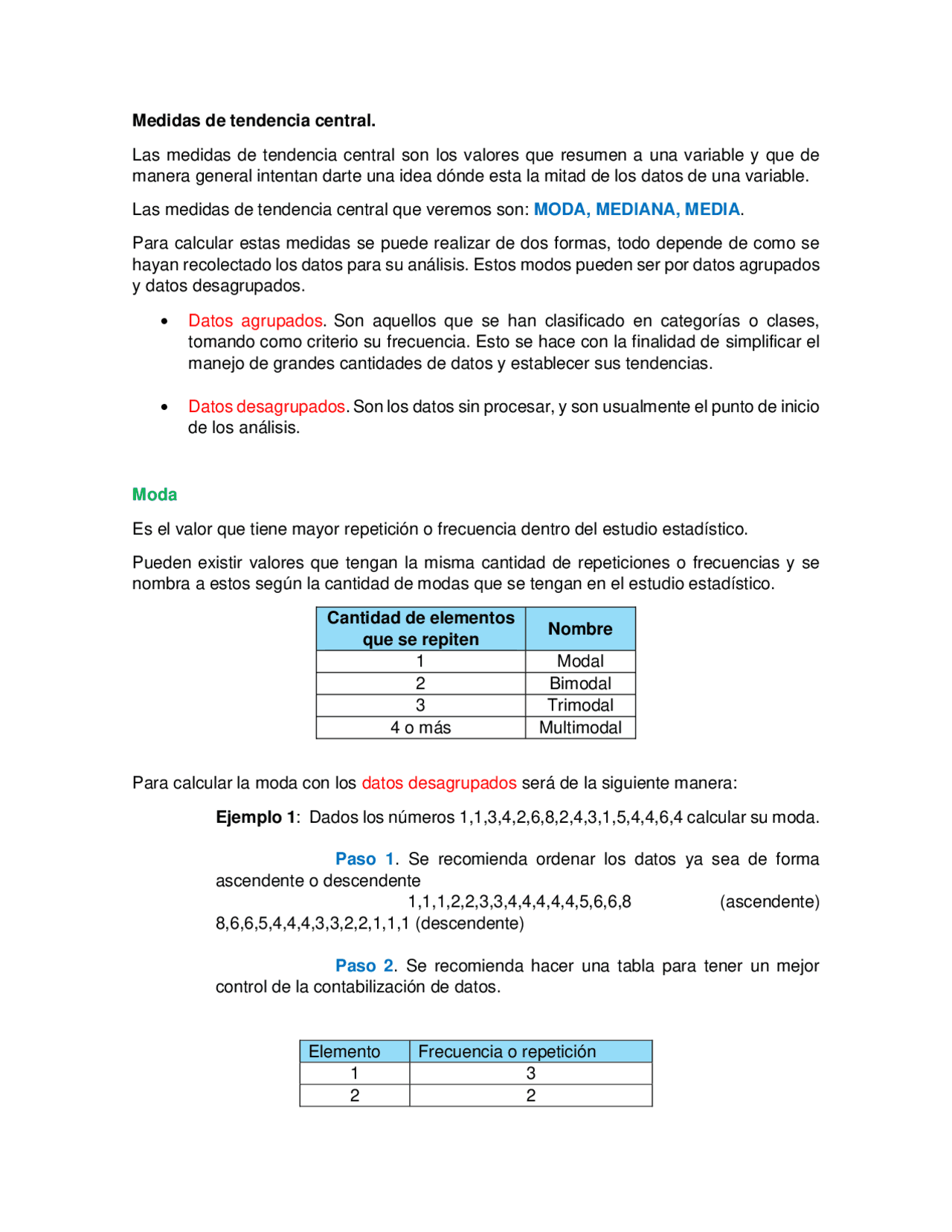 Medidas de tendencia central | Esquemas y mapas conceptuales de Matemáticas | Docsity