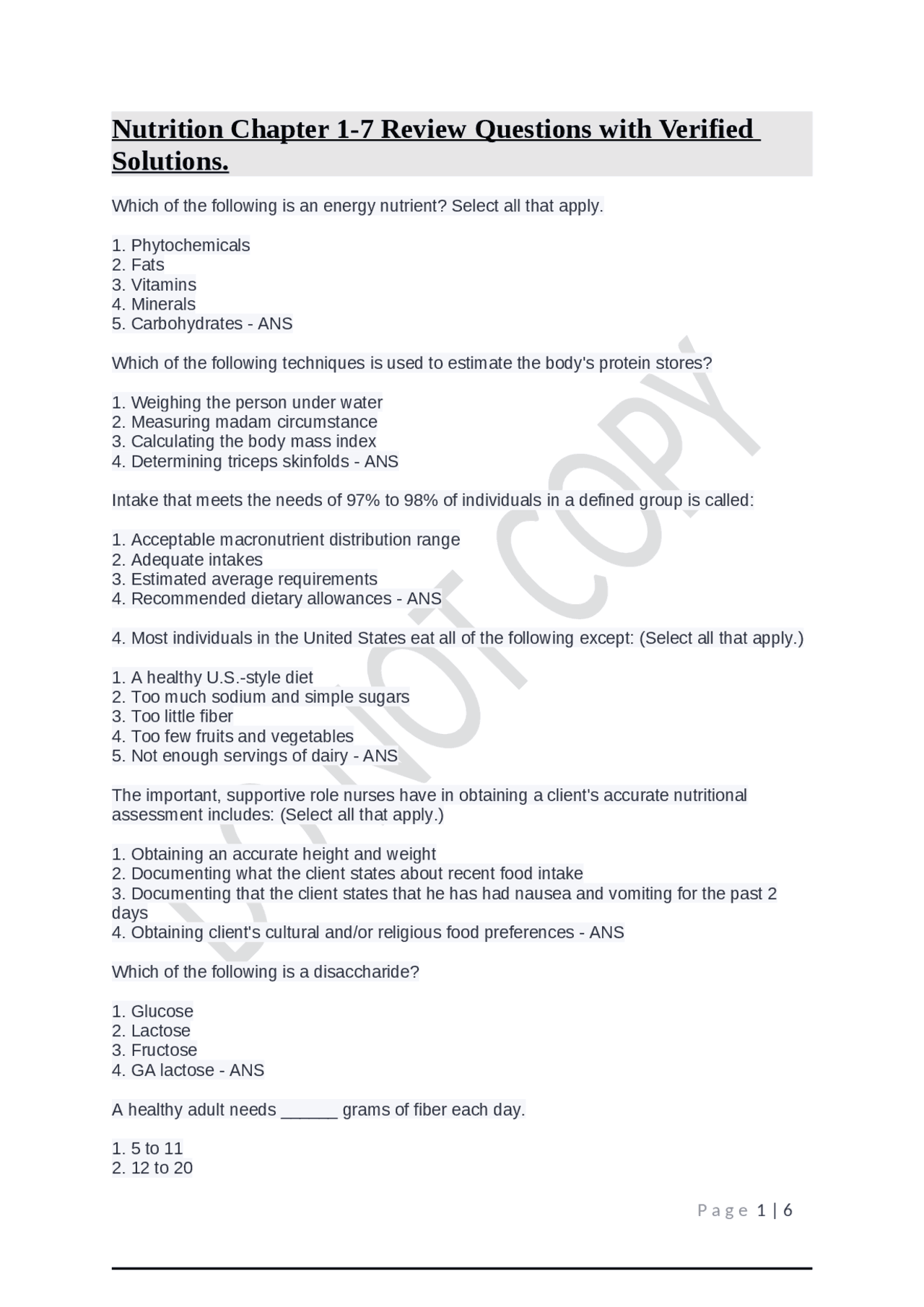 Nutrition Chapter 1-7 Review Questions with Verified Solutions. | Exams ...