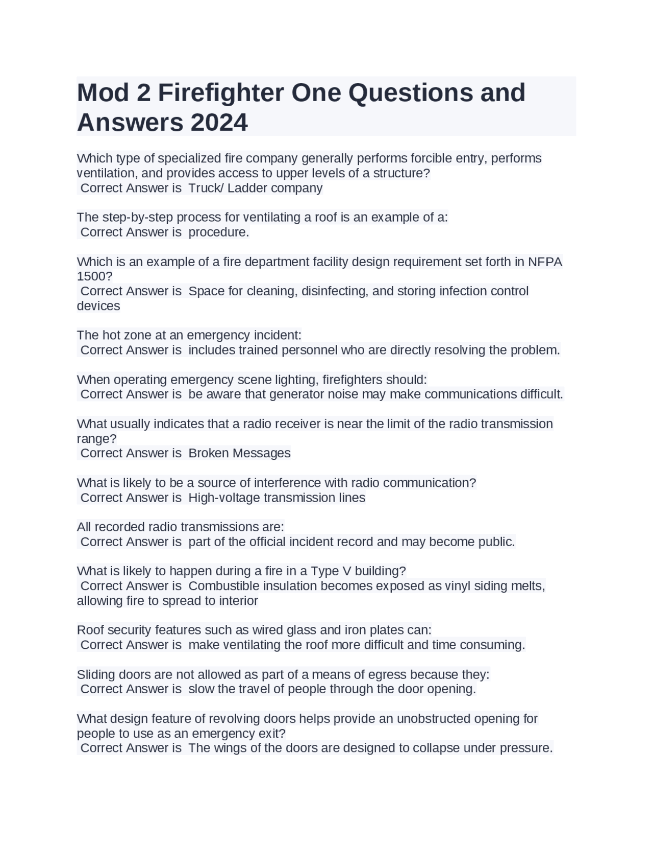 Mod 2 Firefighter One Questions and Answers 2024 | Exams Nursing | Docsity