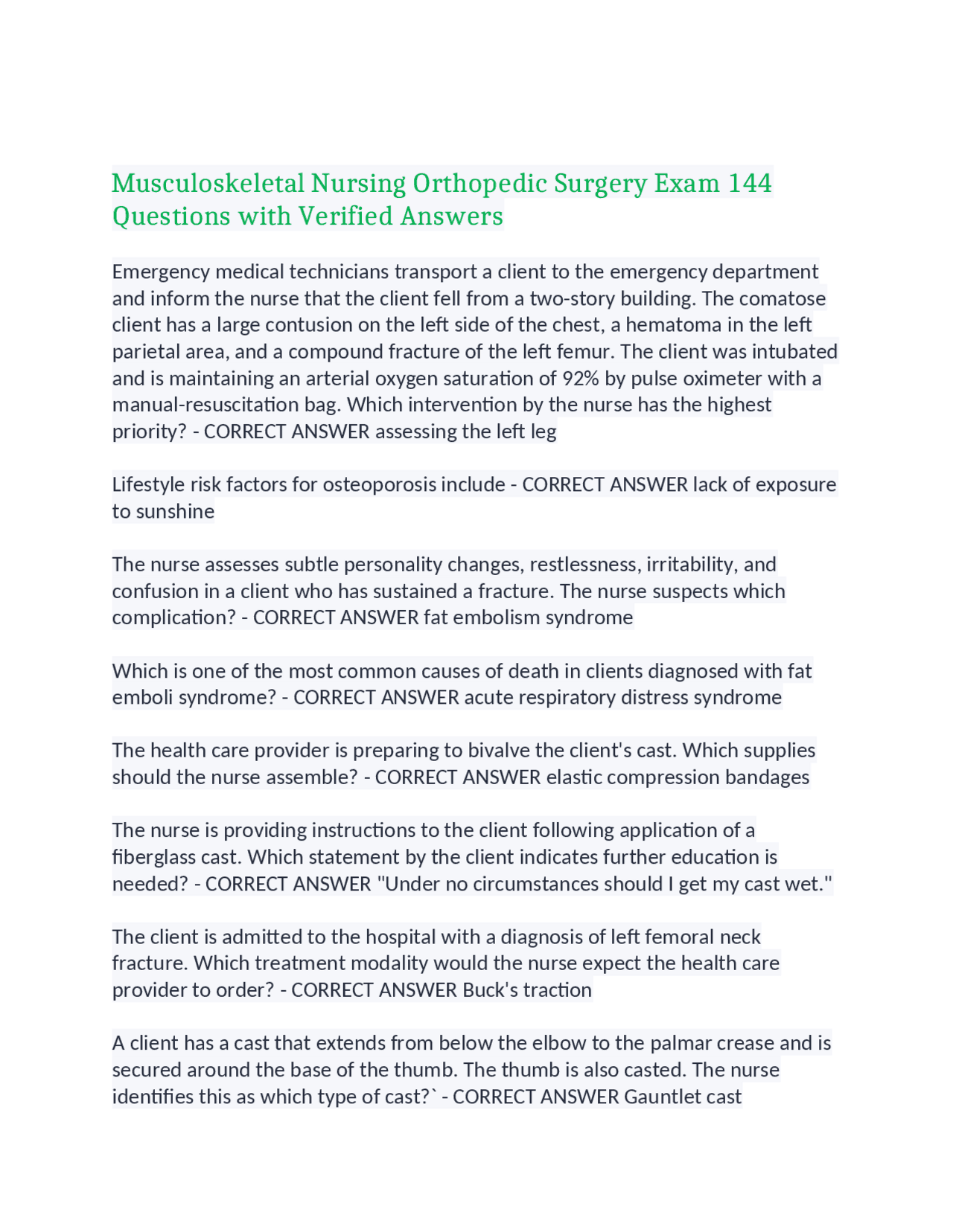 Musculoskeletal Nursing Orthopedic Surgery Exam 144 Questions with ...