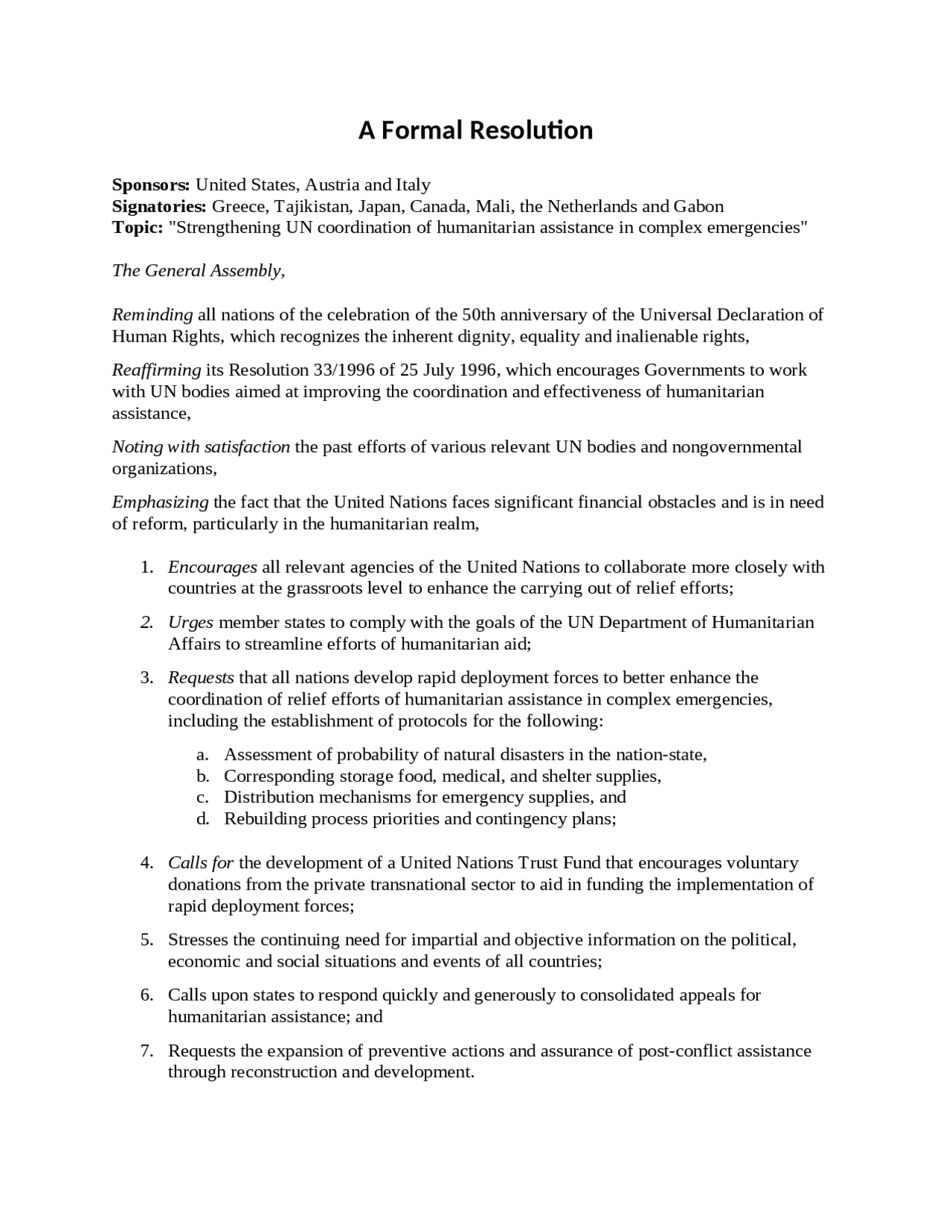 RESOLUTION of a MUN - english | Guías, Proyectos, Investigaciones de Inglés | Docsity