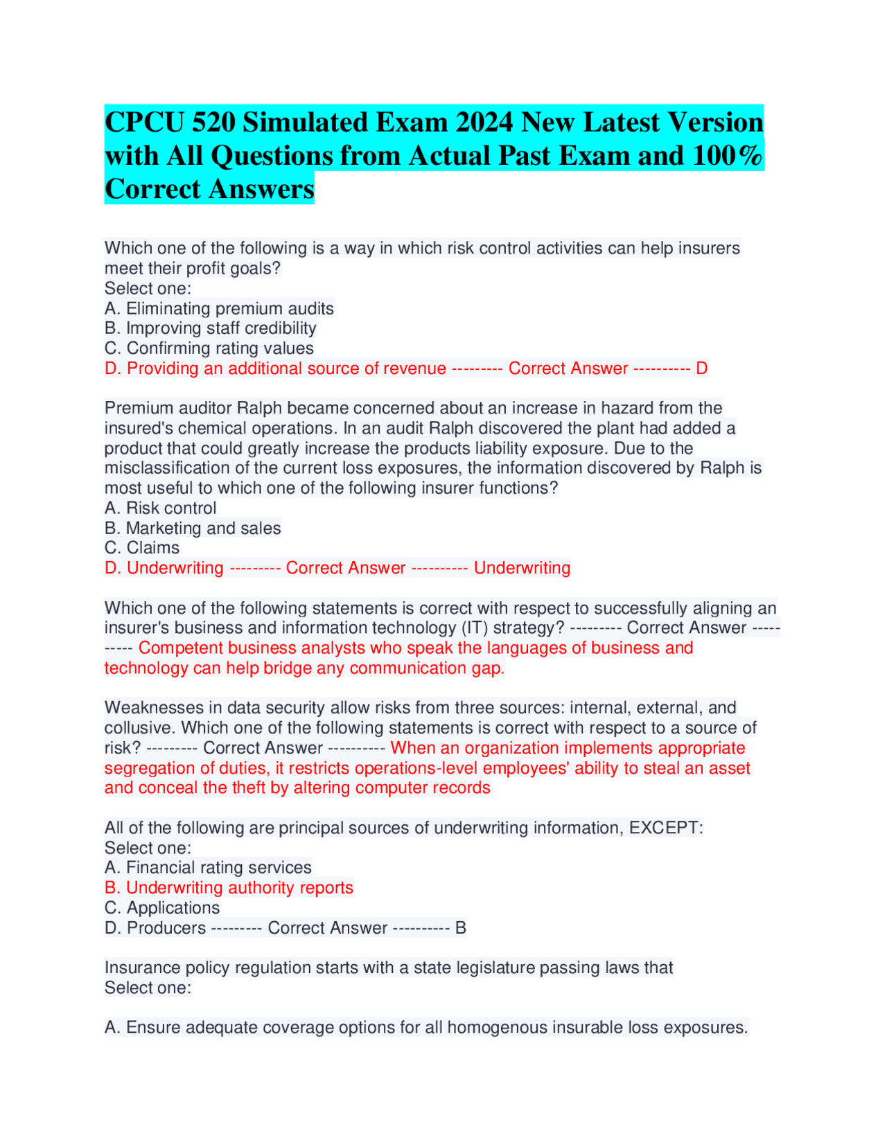 CPCU 520 Simulated Exam 2024 New Latest Version with All Questions from ...