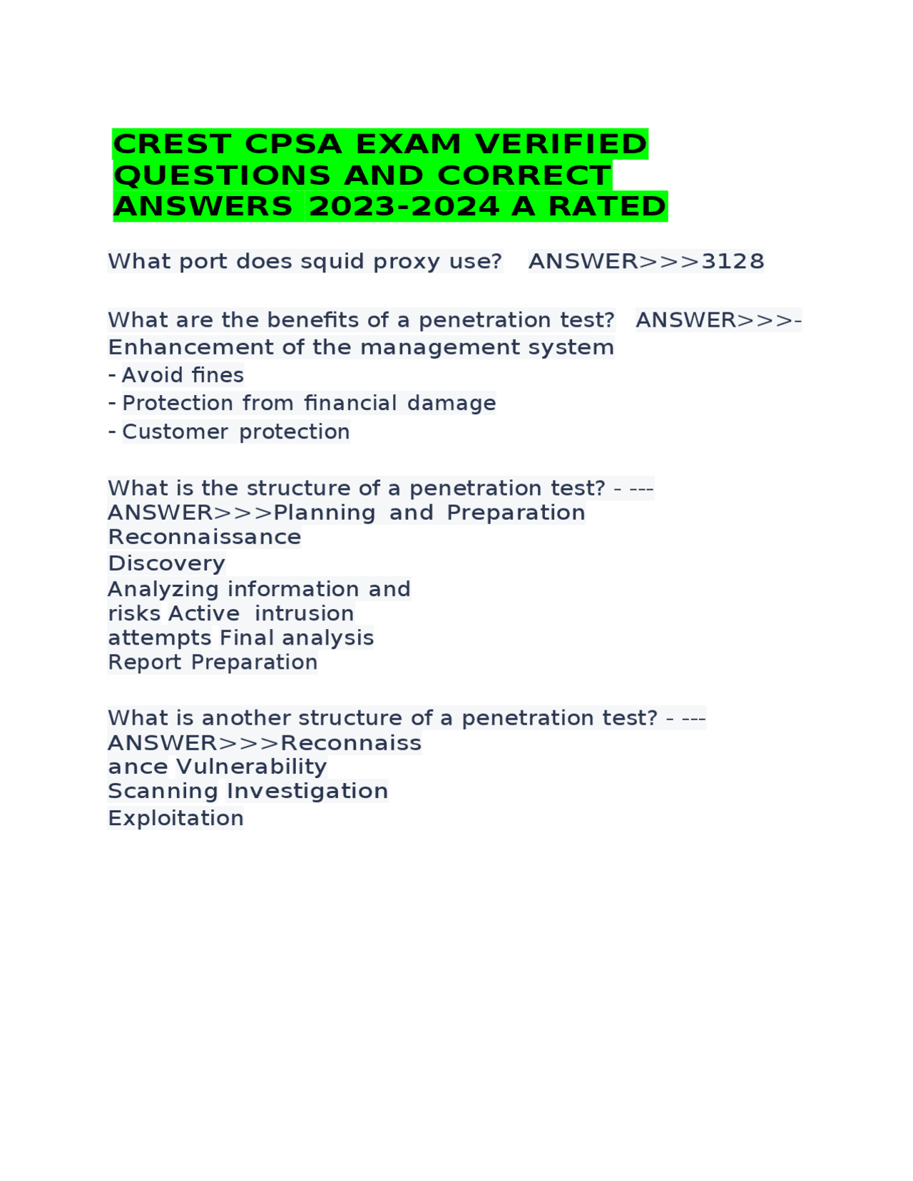 CREST CPSA EXAM VERIFIED QUESTIONS AND CORRECT ANSWERS 2023-2024 A ...