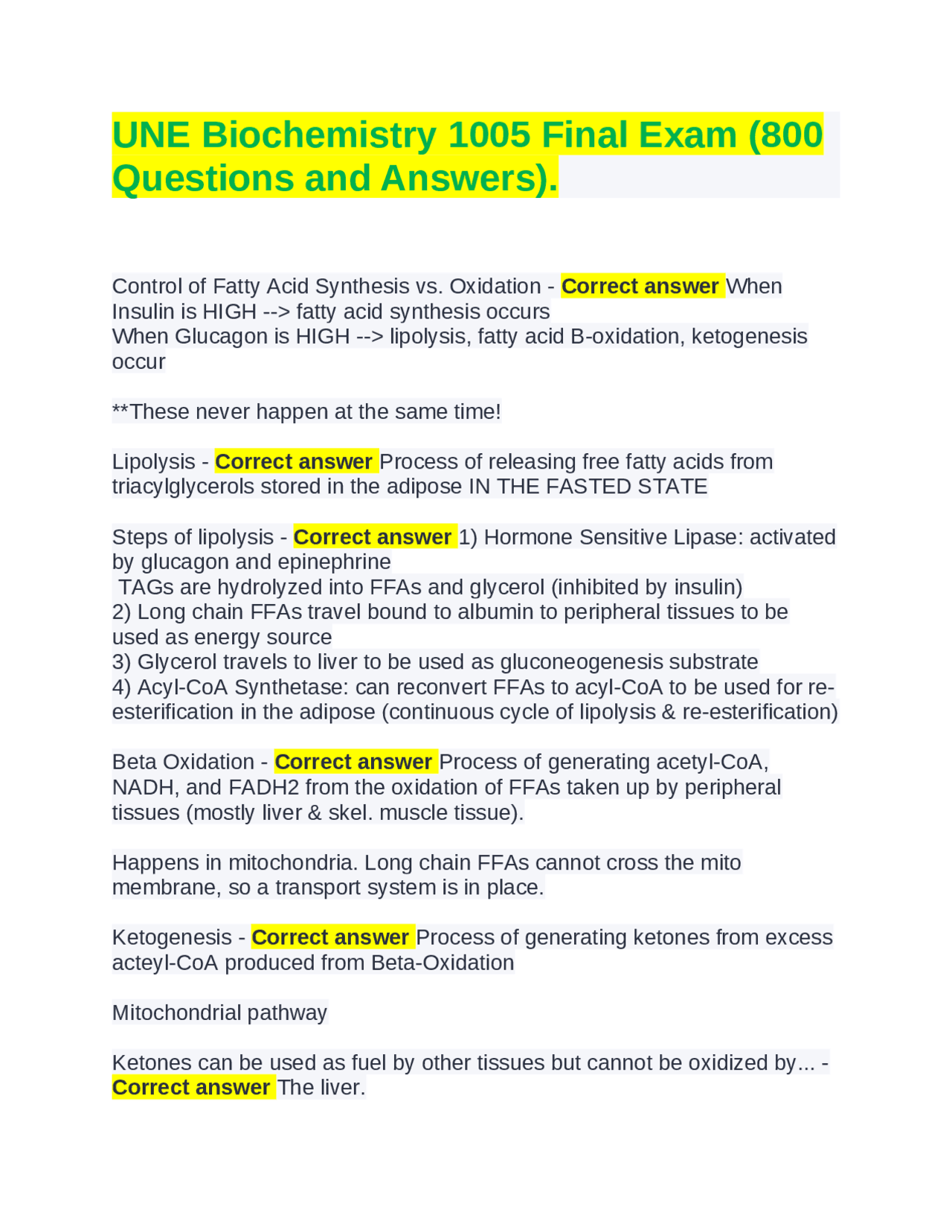 UNE Biochemistry 1005 Final Exam (800 Questions and Answers). | Exams ...