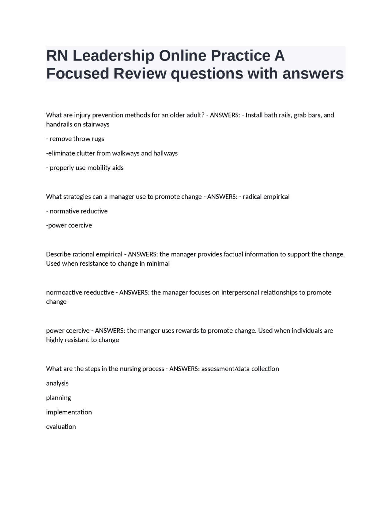 RN Leadership and Nursing Process Practice Questions with Answers ...