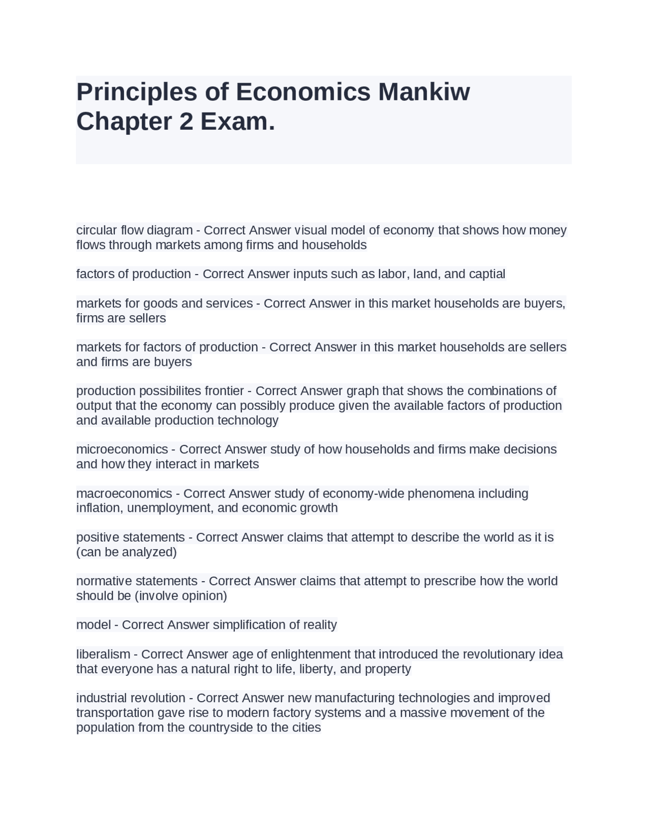 Principles of Economics: Chapter 2 Exam Review | Exams Economics | Docsity