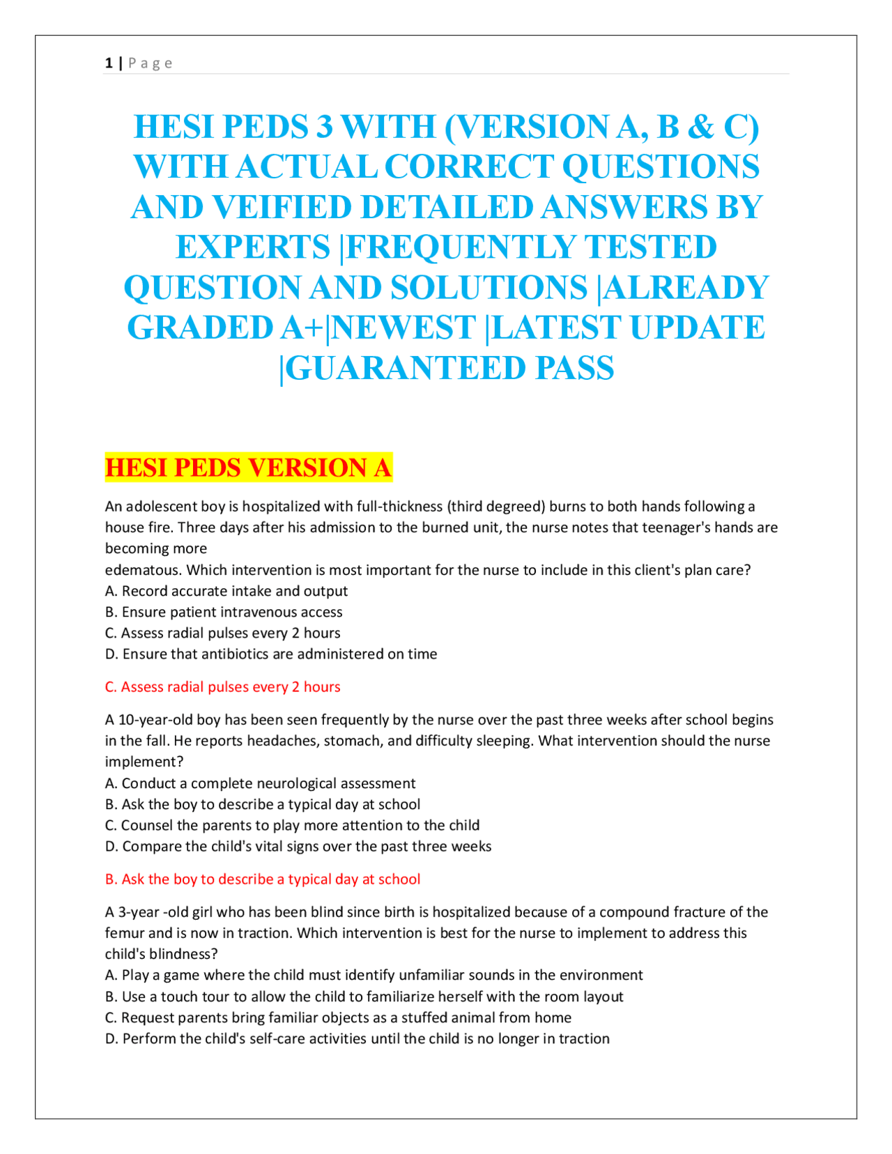 HESI PEDS 3 WITH (VERSION A, B & C) | Exams Nursing | Docsity