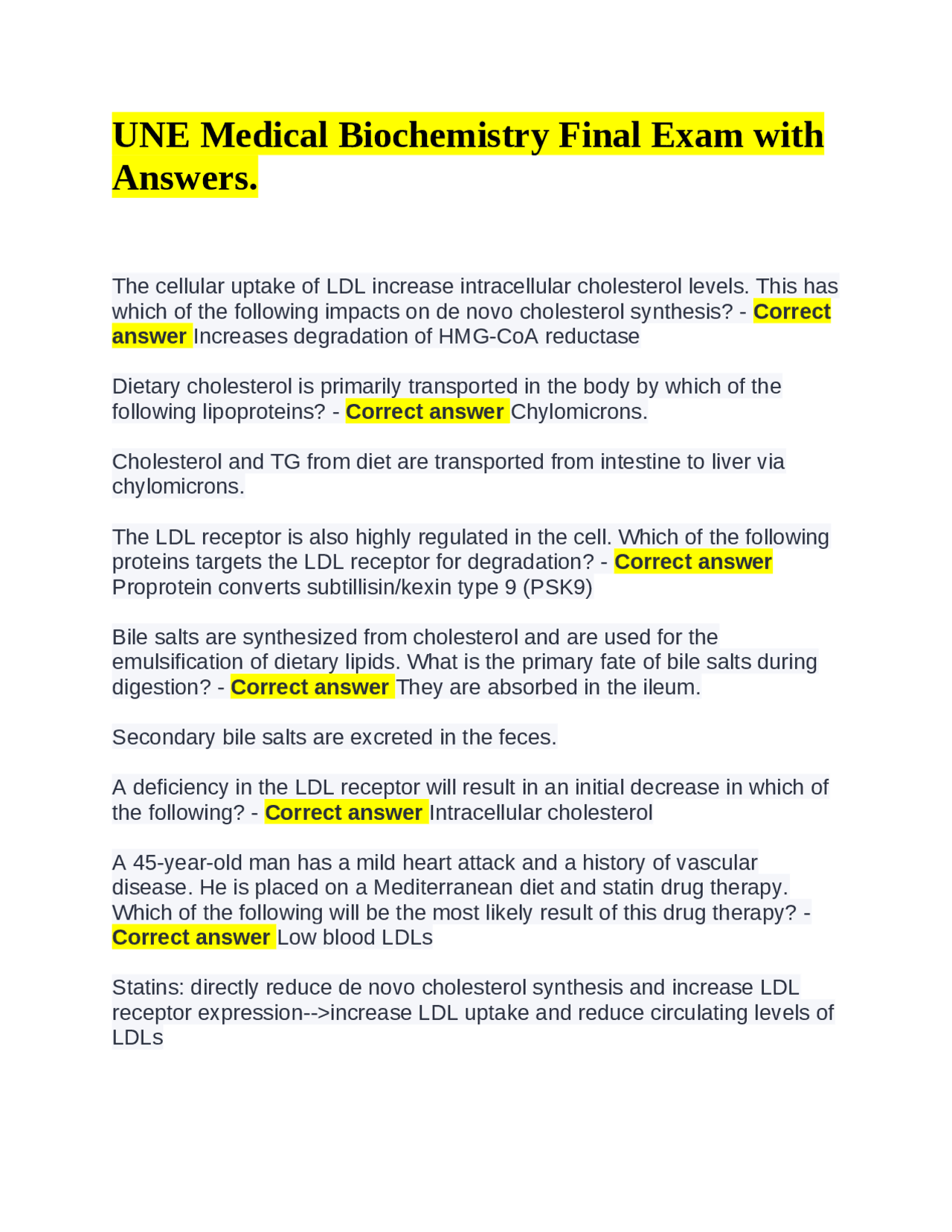 UNE Medical Biochemistry Final Exam with Answers. | Exams Medical ...