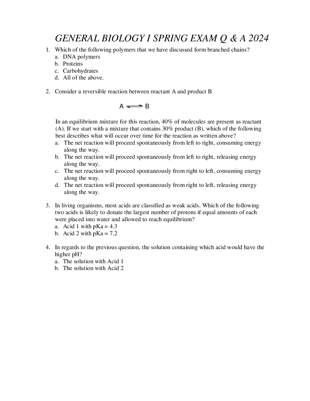 General Biology I Spring Exam Q&A 2024 | Exams Biology | Docsity