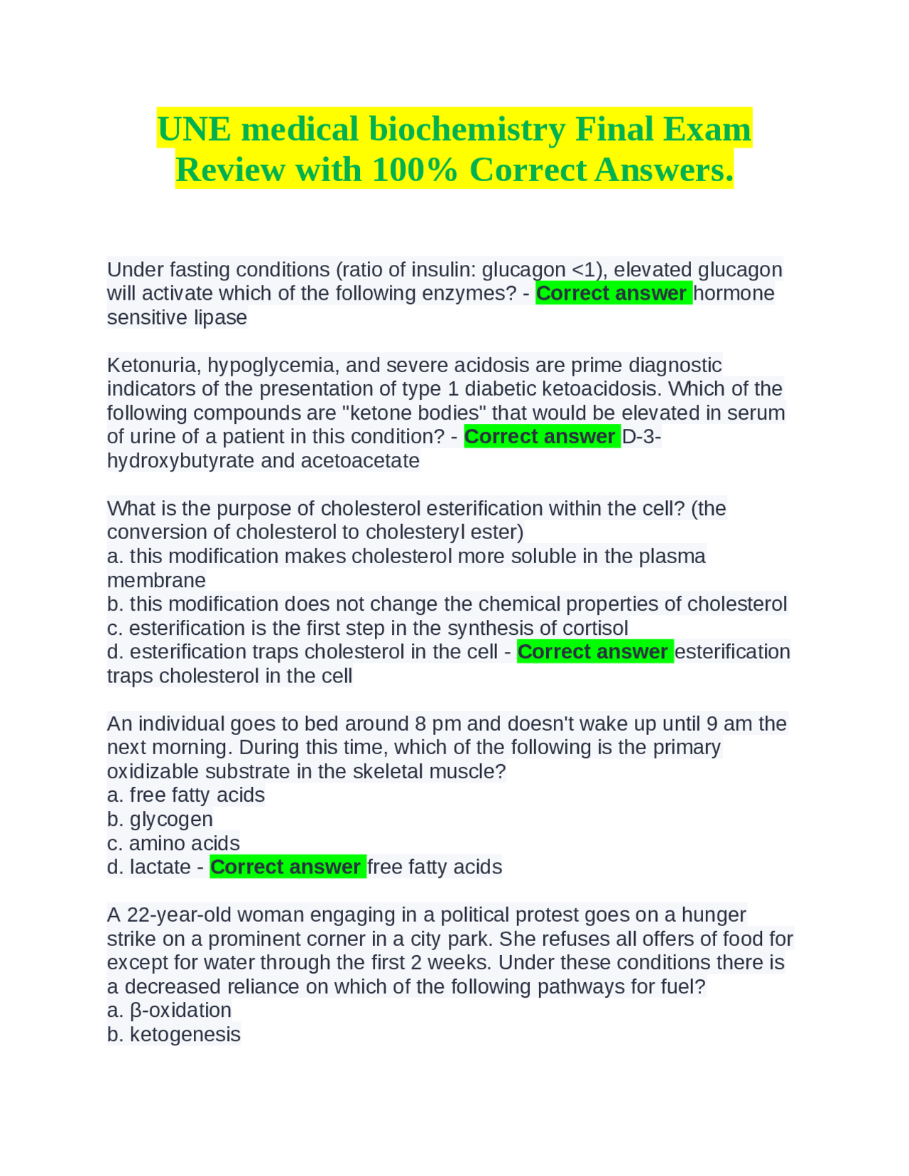 UNE medical biochemistry Final Exam Review with 100% Correct Answers ...