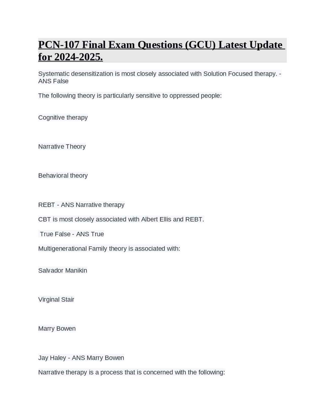 PCN-107 Final Exam Questions: Therapy Theories and Techniques | Exams ...