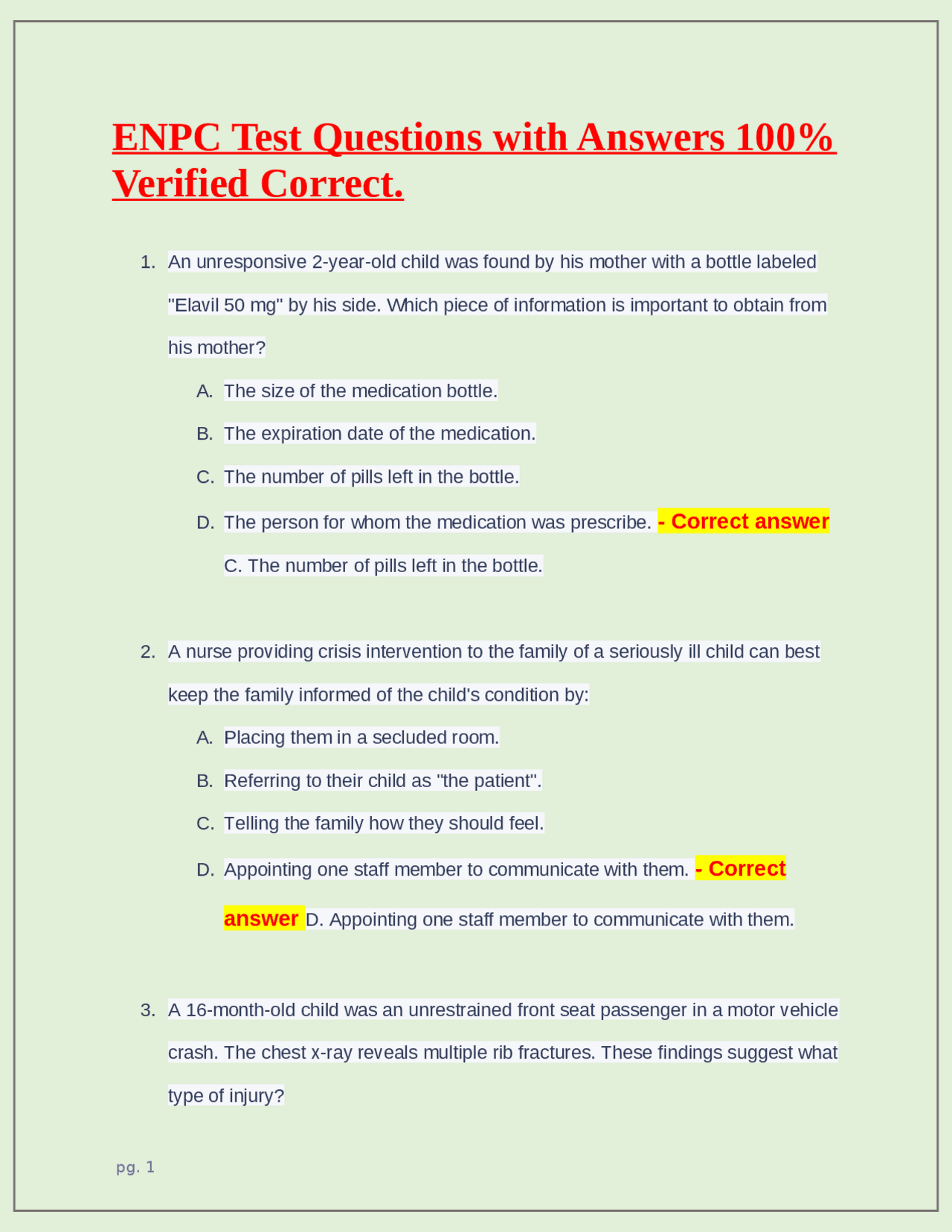 ENPC Test Questions with Answers 100% Verified Correct. | Exams Nursing ...