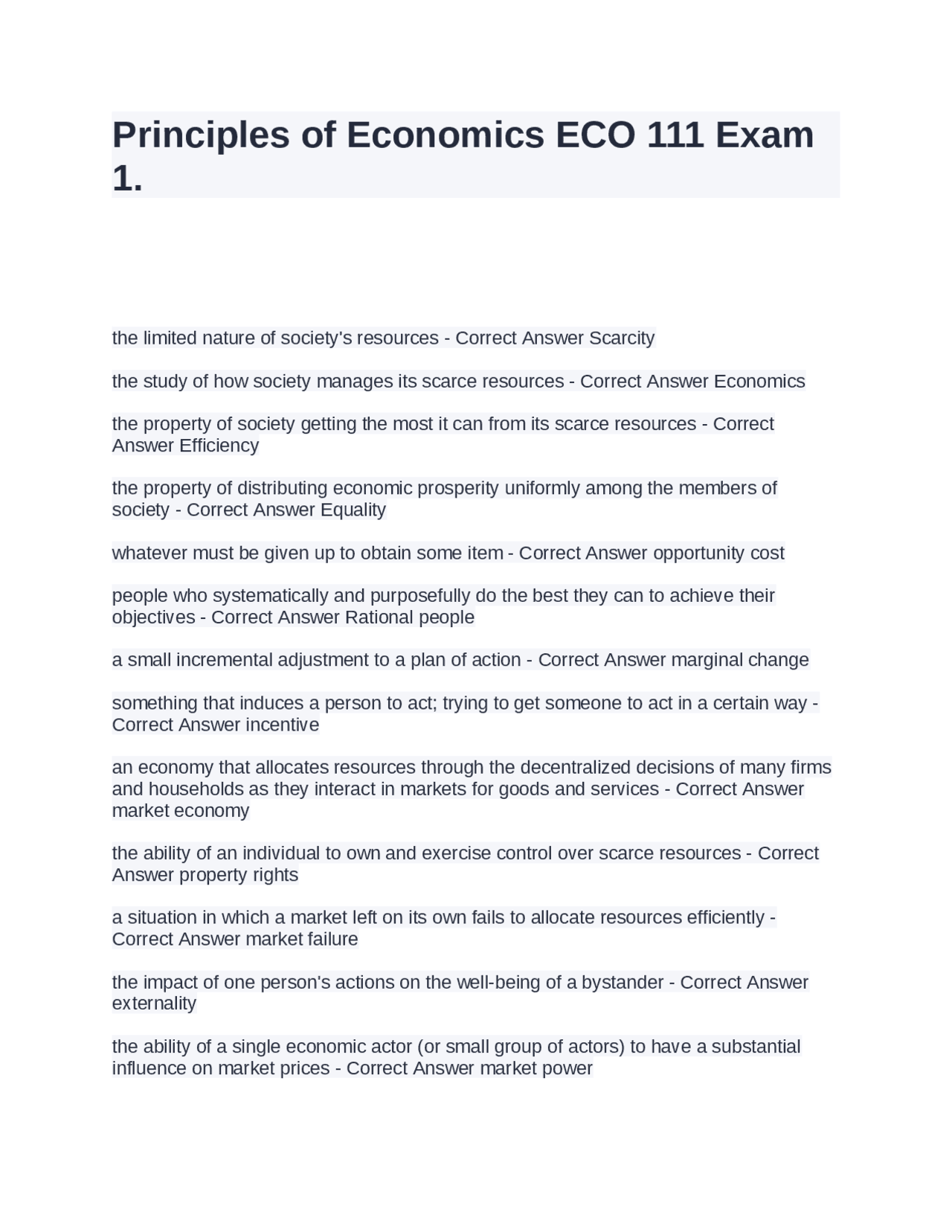 Principles of Economics ECO 111 Exam 1. | Exams Economics | Docsity