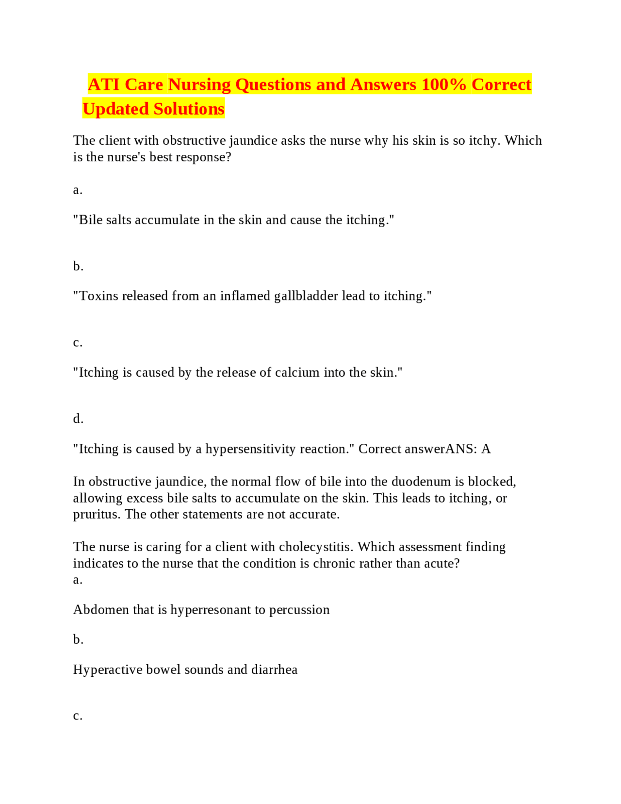 ATI Care Nursing Questions and Answers 100% Correct Updated Solutions ...