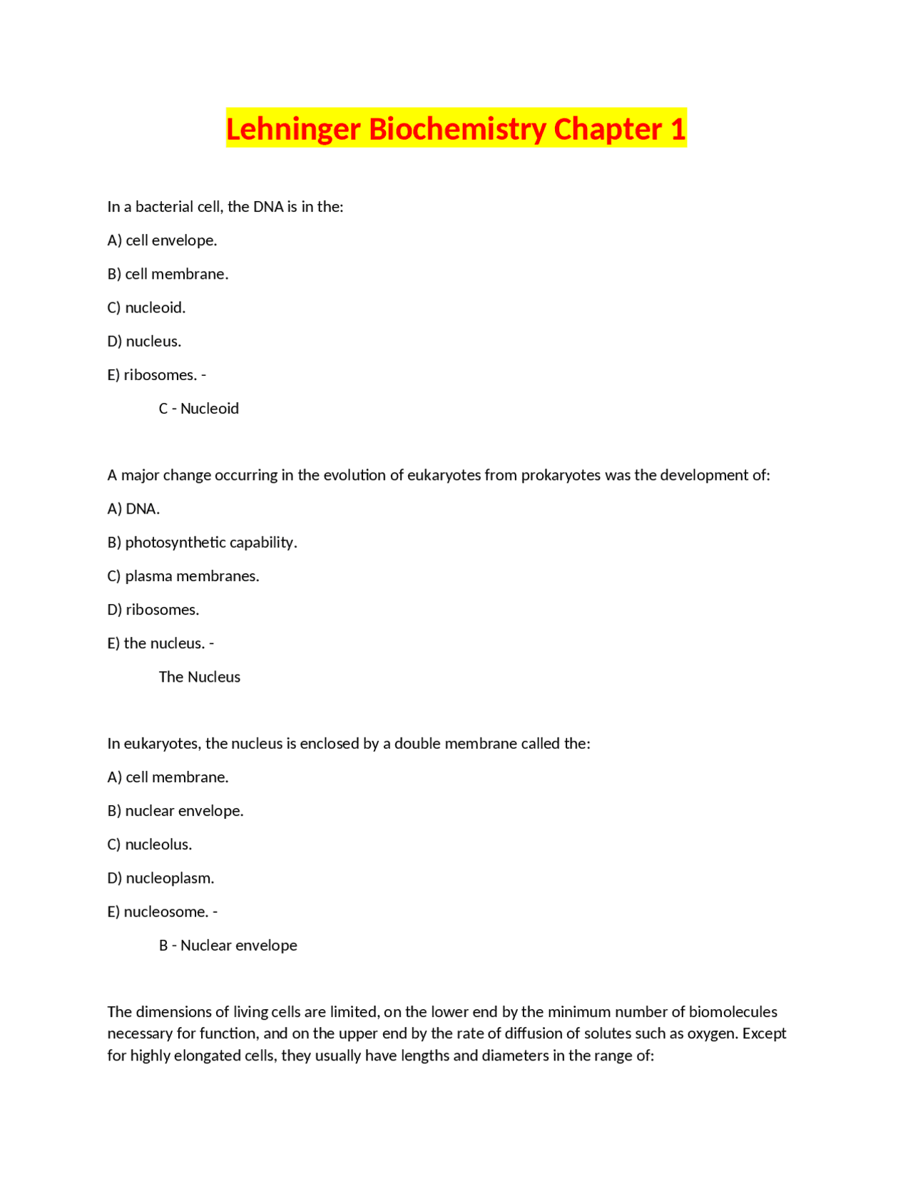 Lehninger Biochemistry Chapter 1 | Exams Biochemistry | Docsity