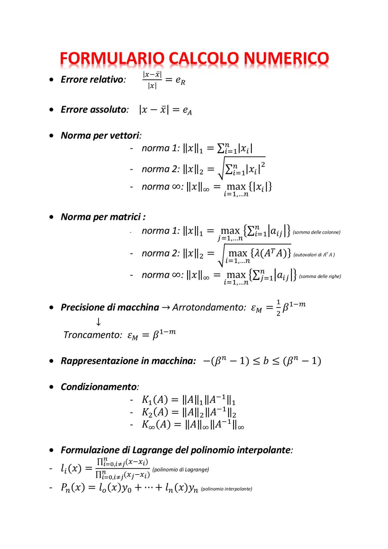 Formulario calcolo numerico | Schemi e mappe concettuali di Calcolo Numerico | Docsity