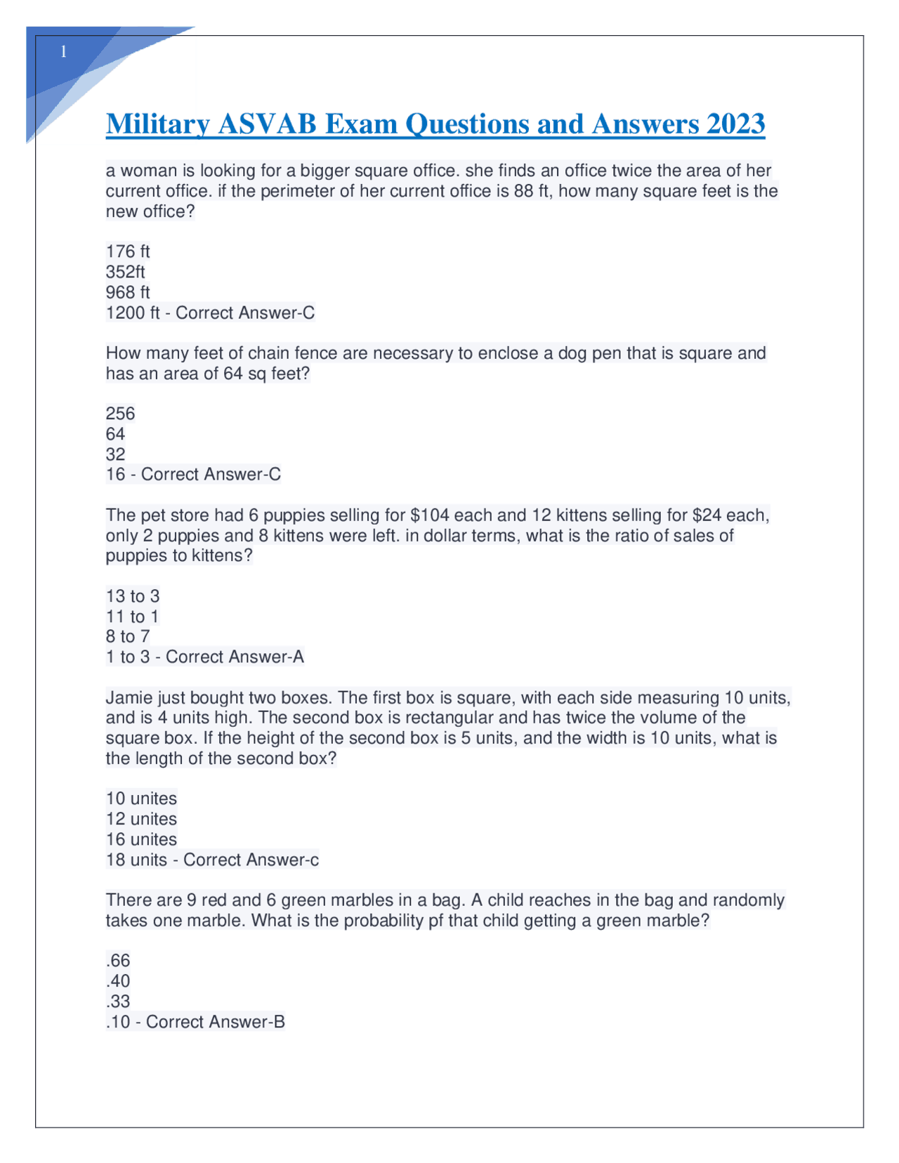 Military ASVAB Exam Questions and Answers 2023 | Exams Nursing | Docsity
