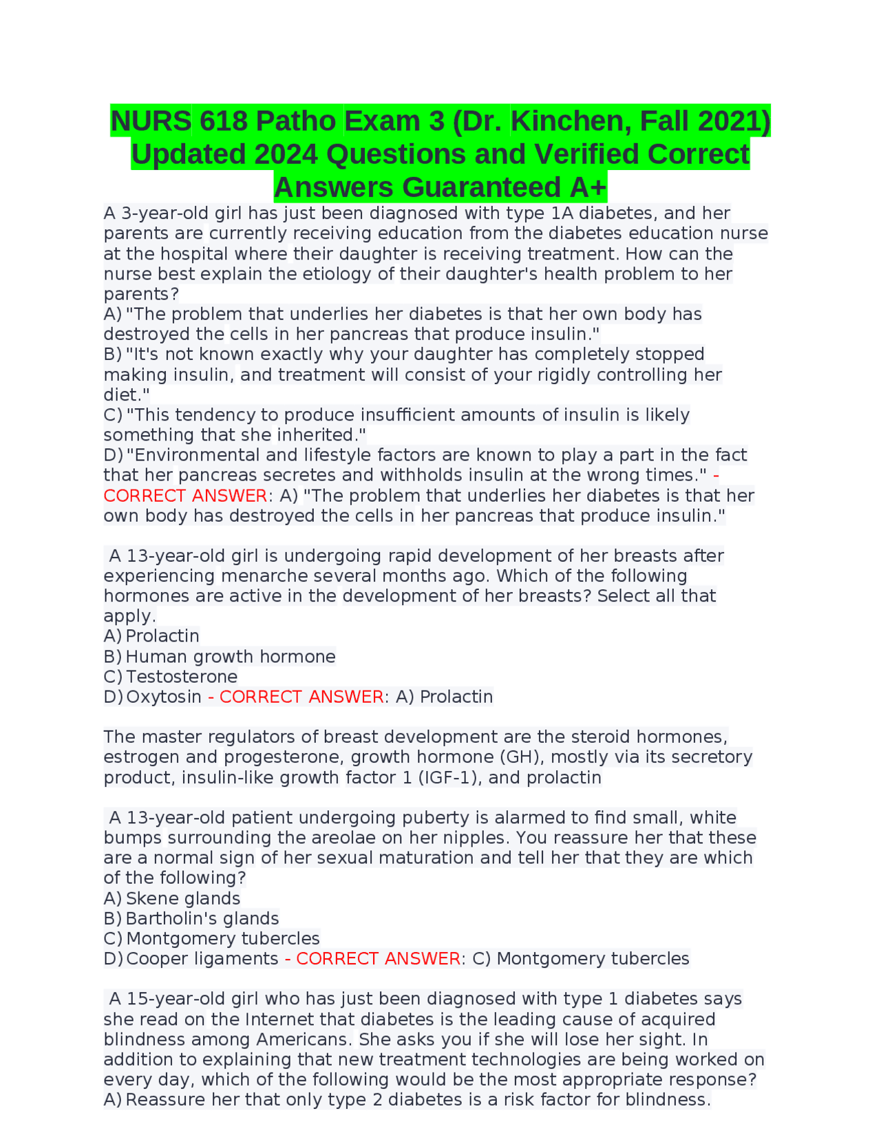 NURS 618 Patho Exam 3 (Dr. Kinchen, Fall 2021) Updated 2024 Questions ...