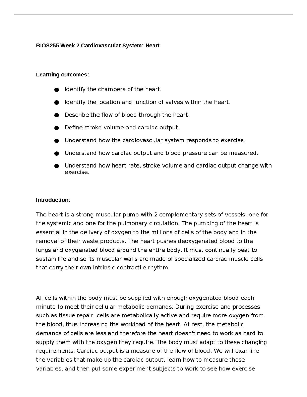 BIOS 255 Week 2 Cardiovascular System Heart Chamberlain College | Exams ...