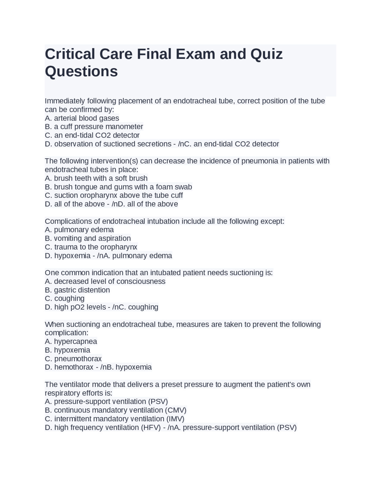 Critical Care Final Exam and Quiz Questions | Exams Nursing | Docsity