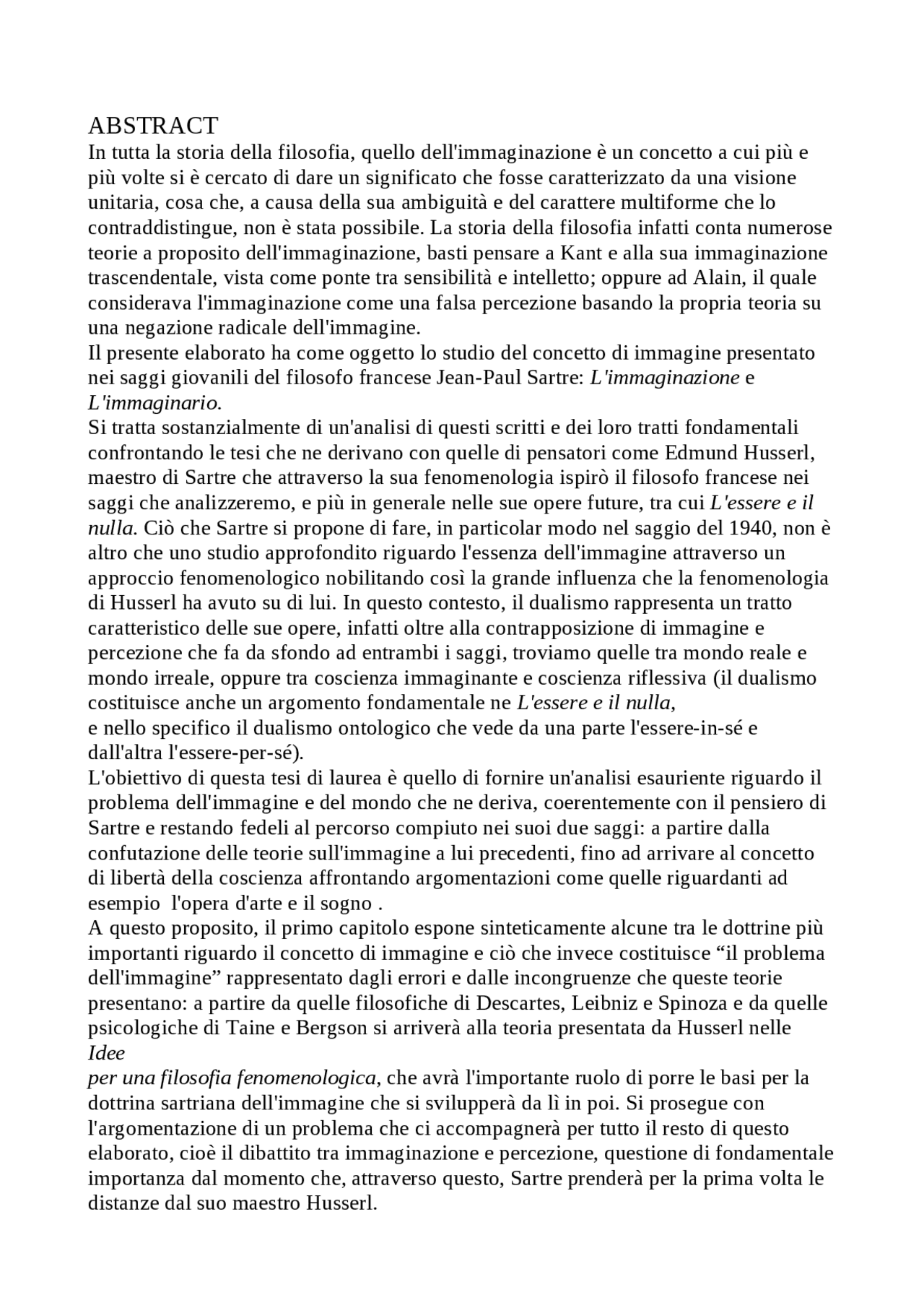 abstract della tesi su sartre | Appunti di Psicologia Generale | Docsity