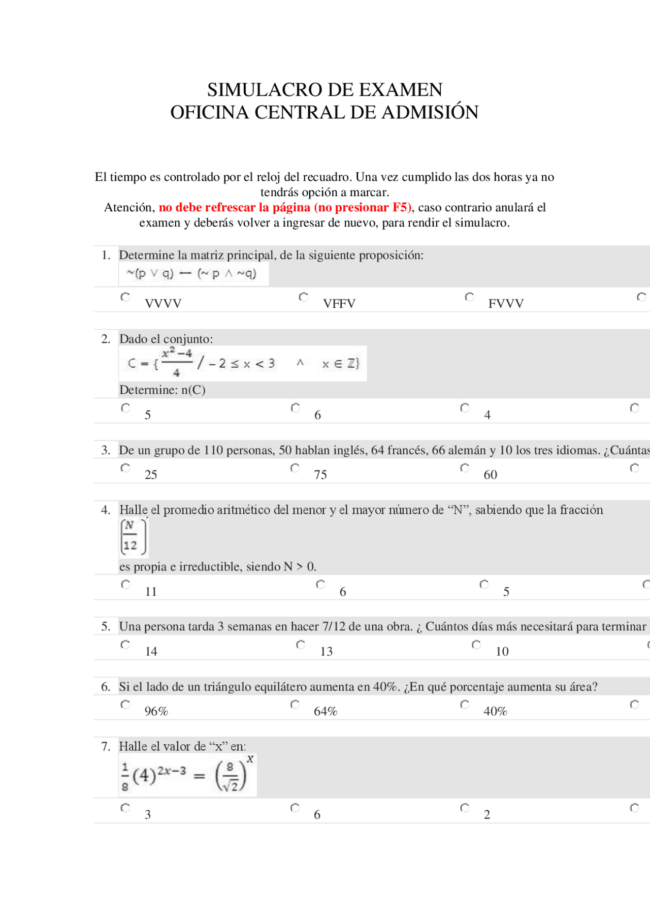 Simulacro de Examen de A | Exámenes de Razonamiento | Docsity