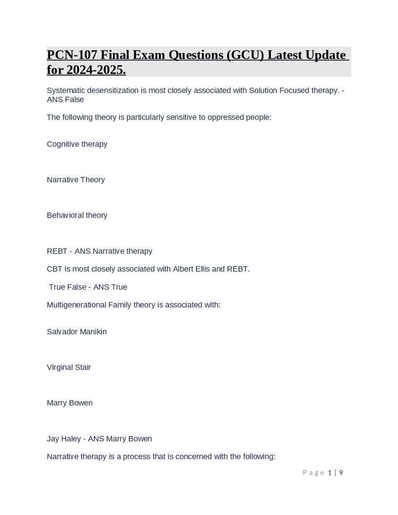 Final Exam Questions for PCN-107 Course at Grand Canyon University ...
