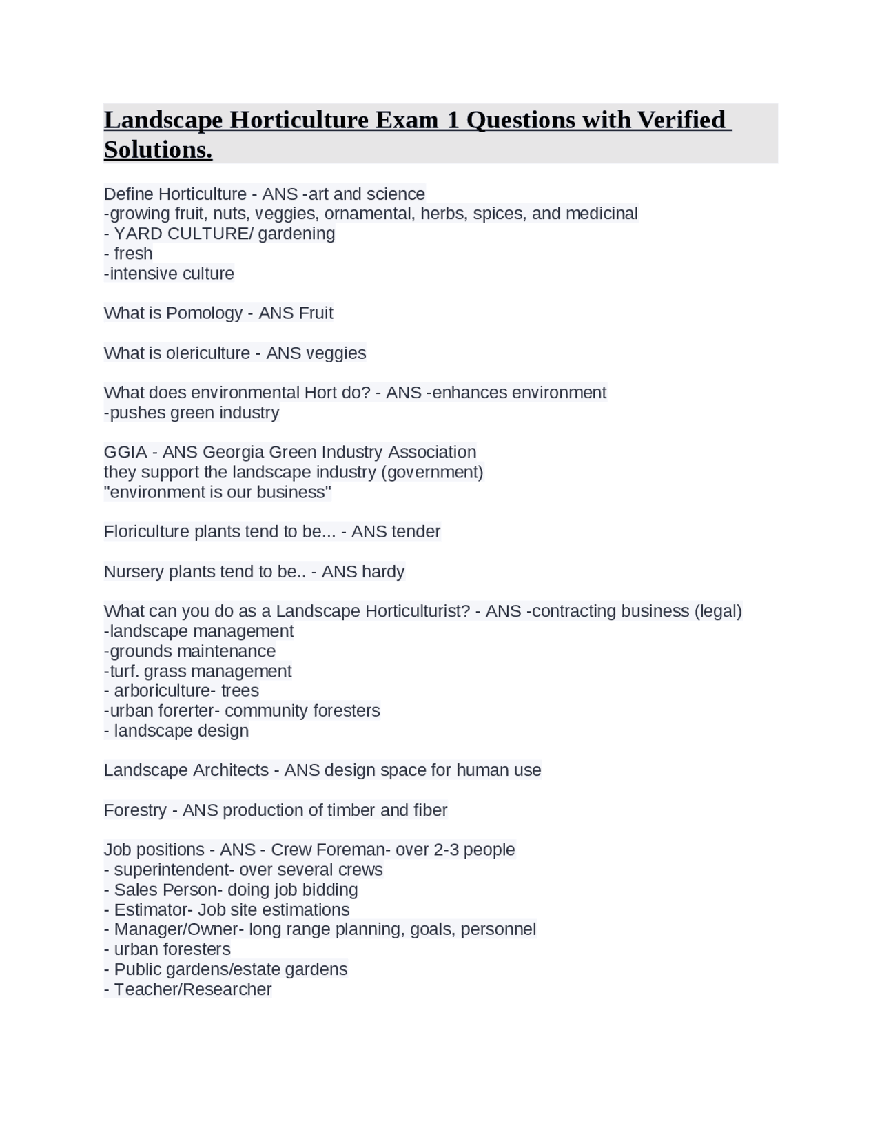 Landscape Horticulture Exam 1 Questions with Verified Solutions ...