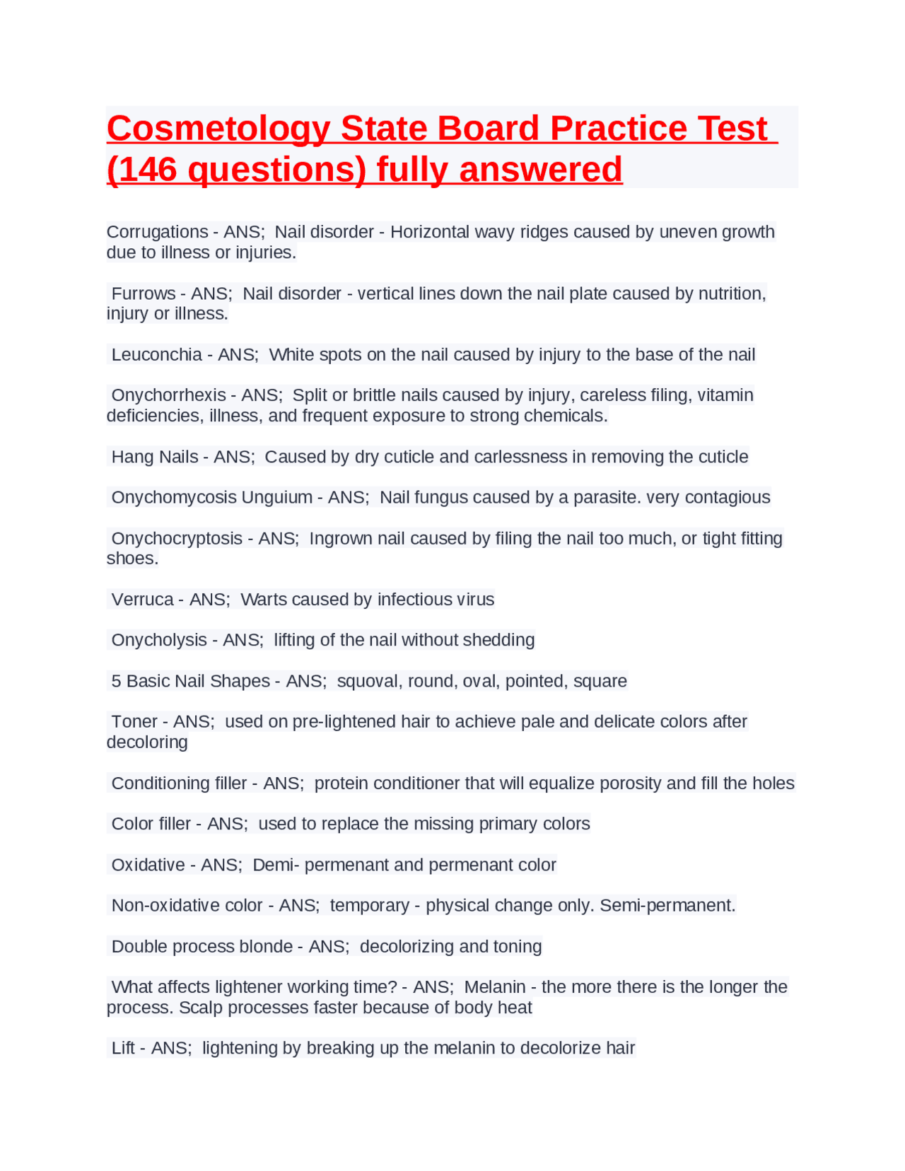 Cosmetology Practice Test: Nail Disorders, Hair Coloring, and Skin ...